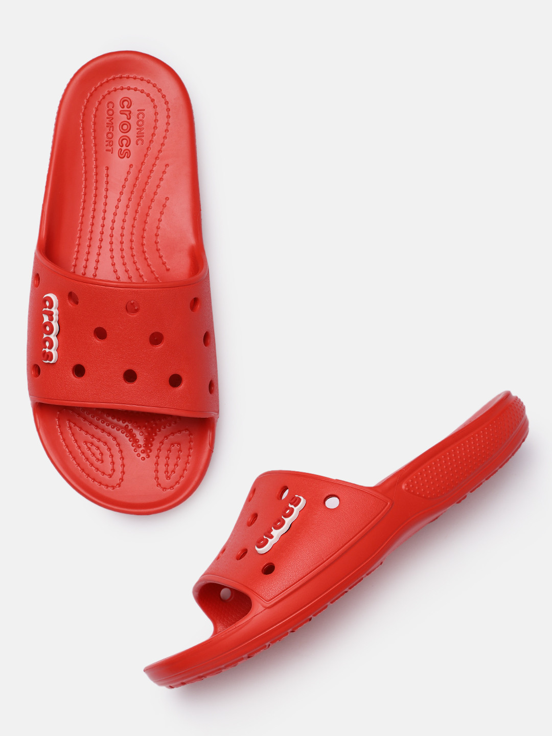 Buy Crocs Unisex Red Solid Sliders - Flip Flops for Unisex 17264156 ...