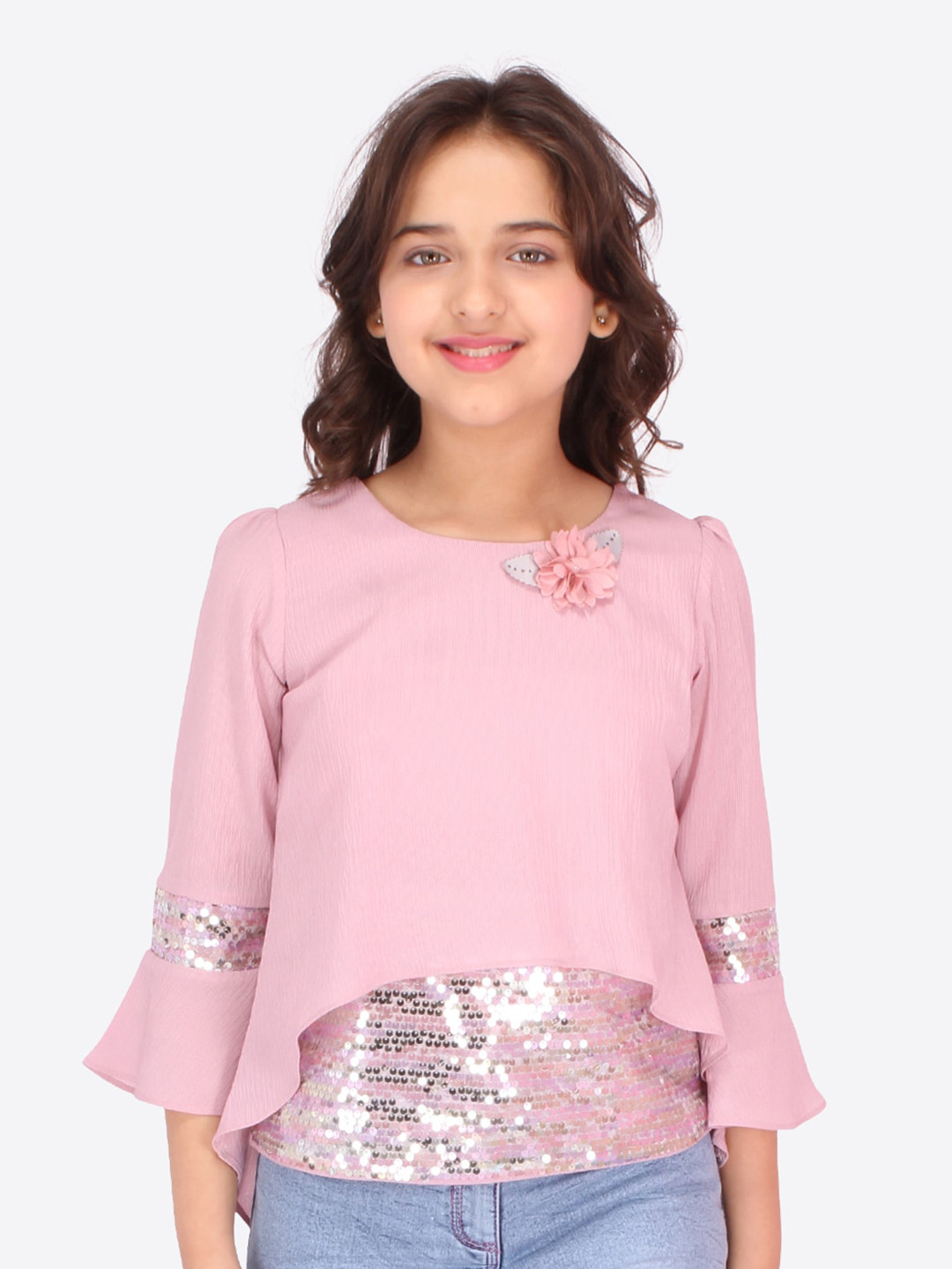 Buy CUTECUMBER Girls Pink & Silver Toned Embellished Georgette Top ...