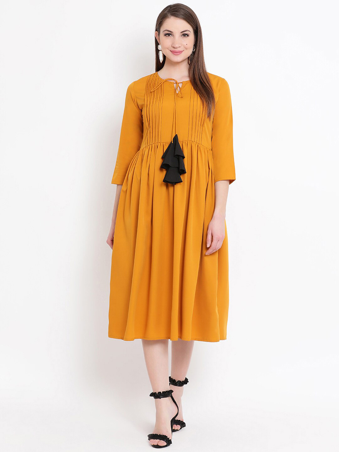 Buy FABNEST Women Mustard Yellow Solid Pleated Midi Dress - Dresses for ...