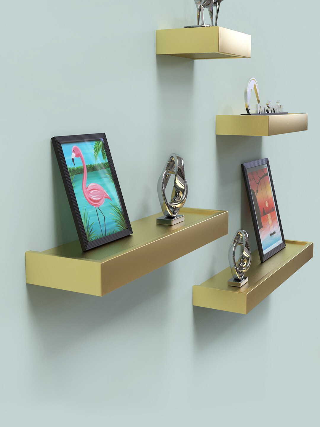 Buy Home Sparkle Set Of 4 Gold Toned MDF Wall Shelves With Large ...