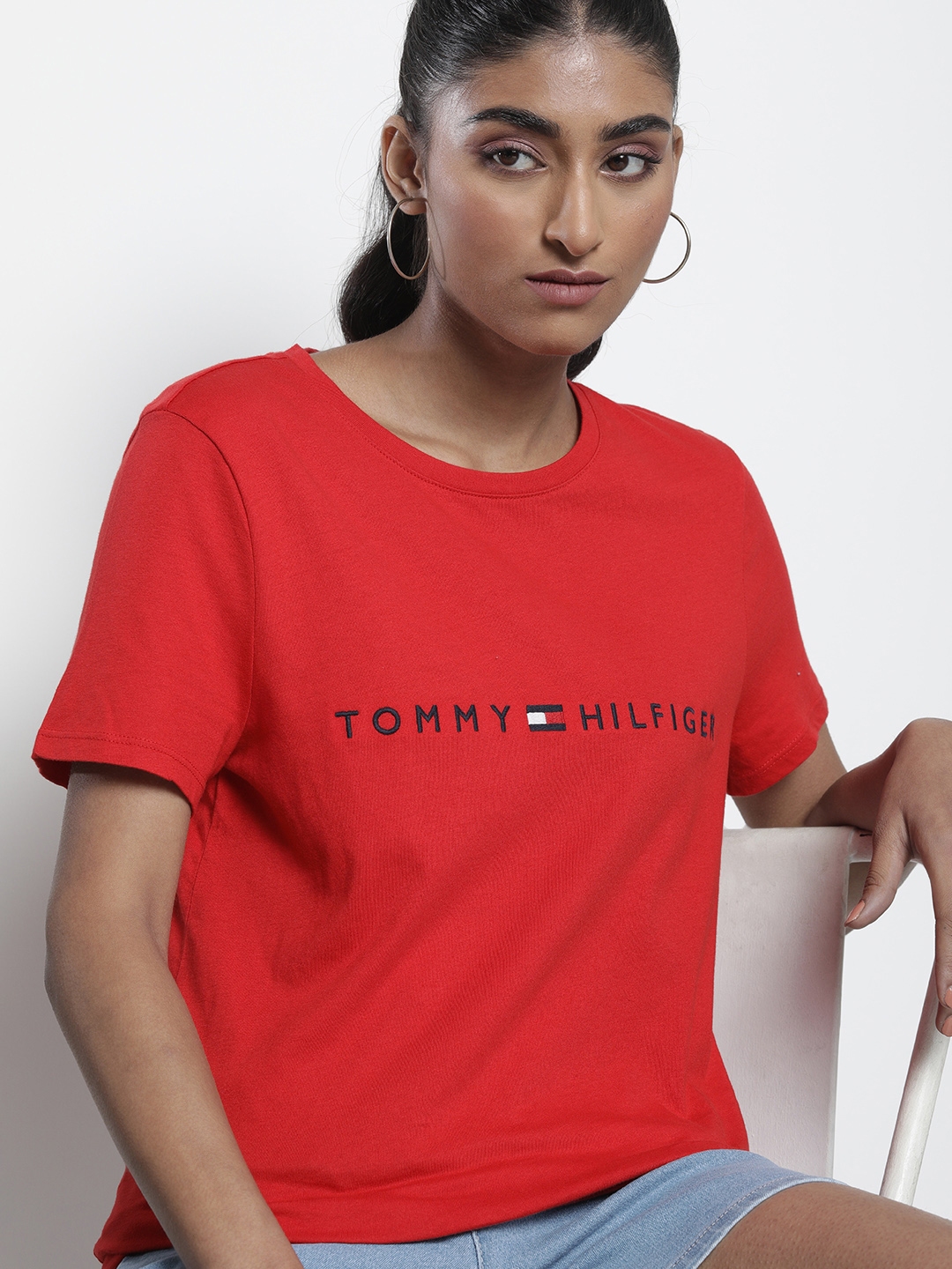Buy Tommy Hilfiger Women Red Brand Logo Embroidered Pure Cotton T Shirt