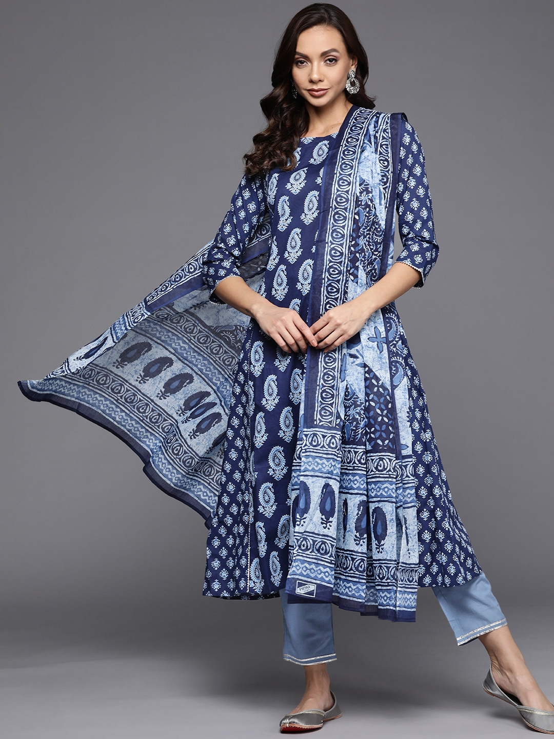 Buy Indo Era Women Blue Ethnic Motifs Printed Kurta With Trousers
