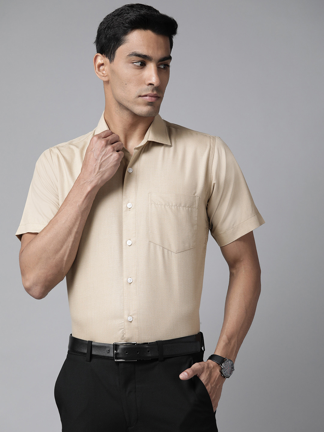 Buy Shaftesbury London Men Beige Smart Slim Fit Semiformal Shirt ...