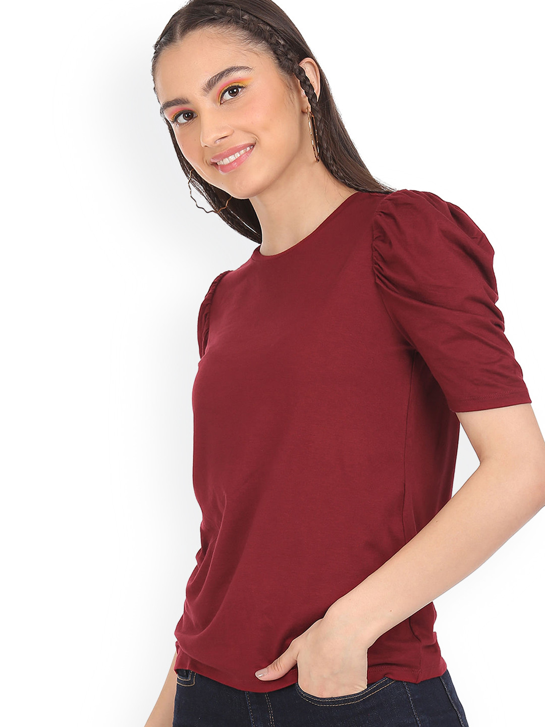 Buy Sugr Women Maroon Solid Round Neck Knit Top - Tops for Women ...