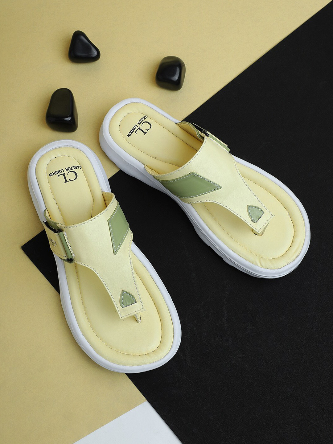 Buy Carlton London Sports Women Yellow & Olive Green Thong Flip Flops ...