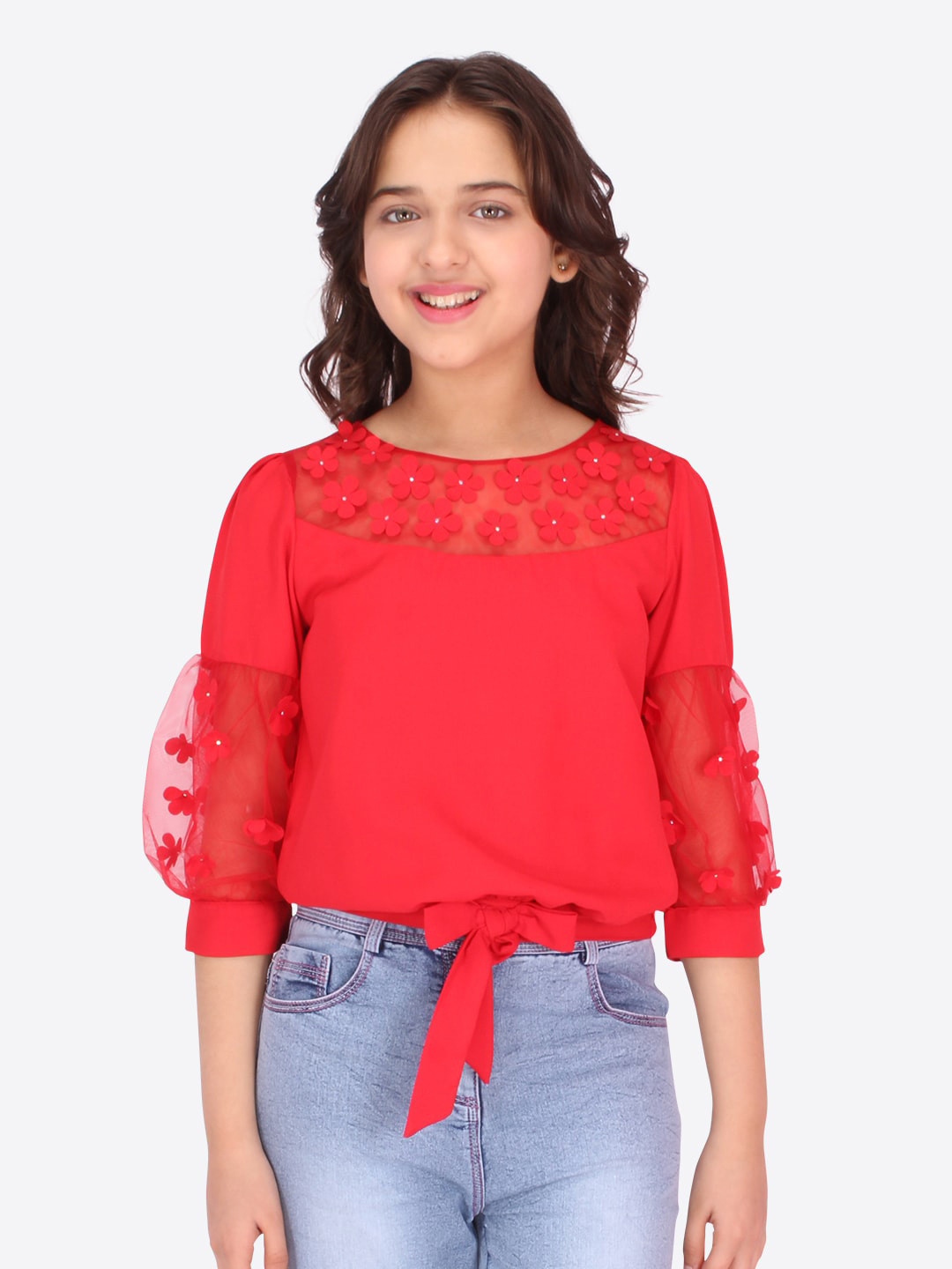 Buy CUTECUMBER Girls Red Puff Sleeves Blouson Top - Tops for Girls ...