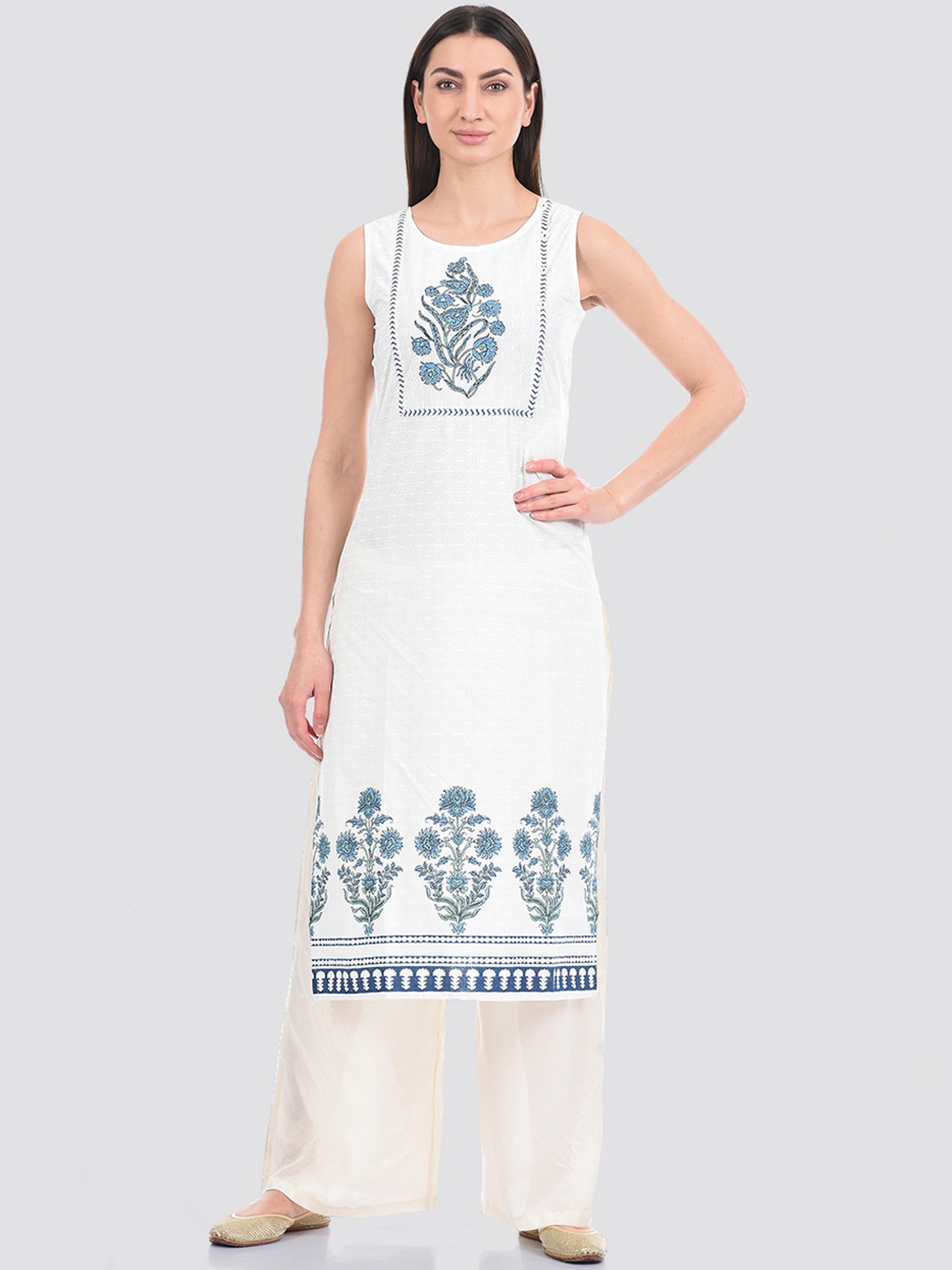 Buy Ethnicity Women Off White And Blue Ethnic Motifs Printed Cotton
