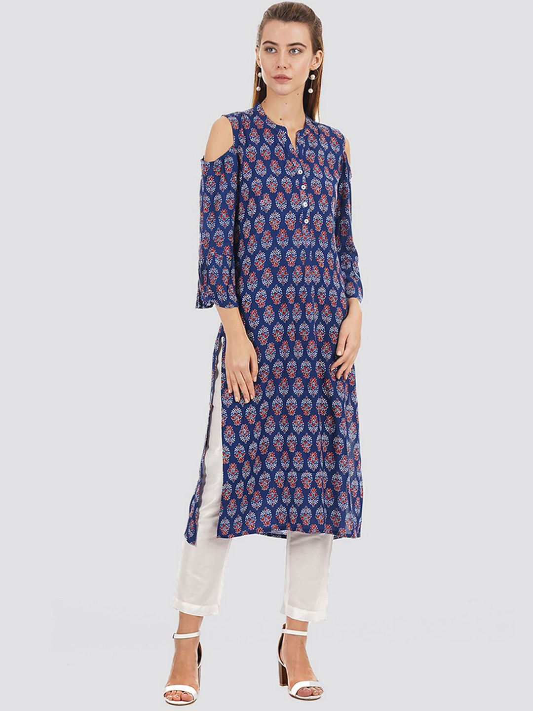 Buy Ethnicity Women Blue And Red Ethnic Motifs Printed Cold Shoulder