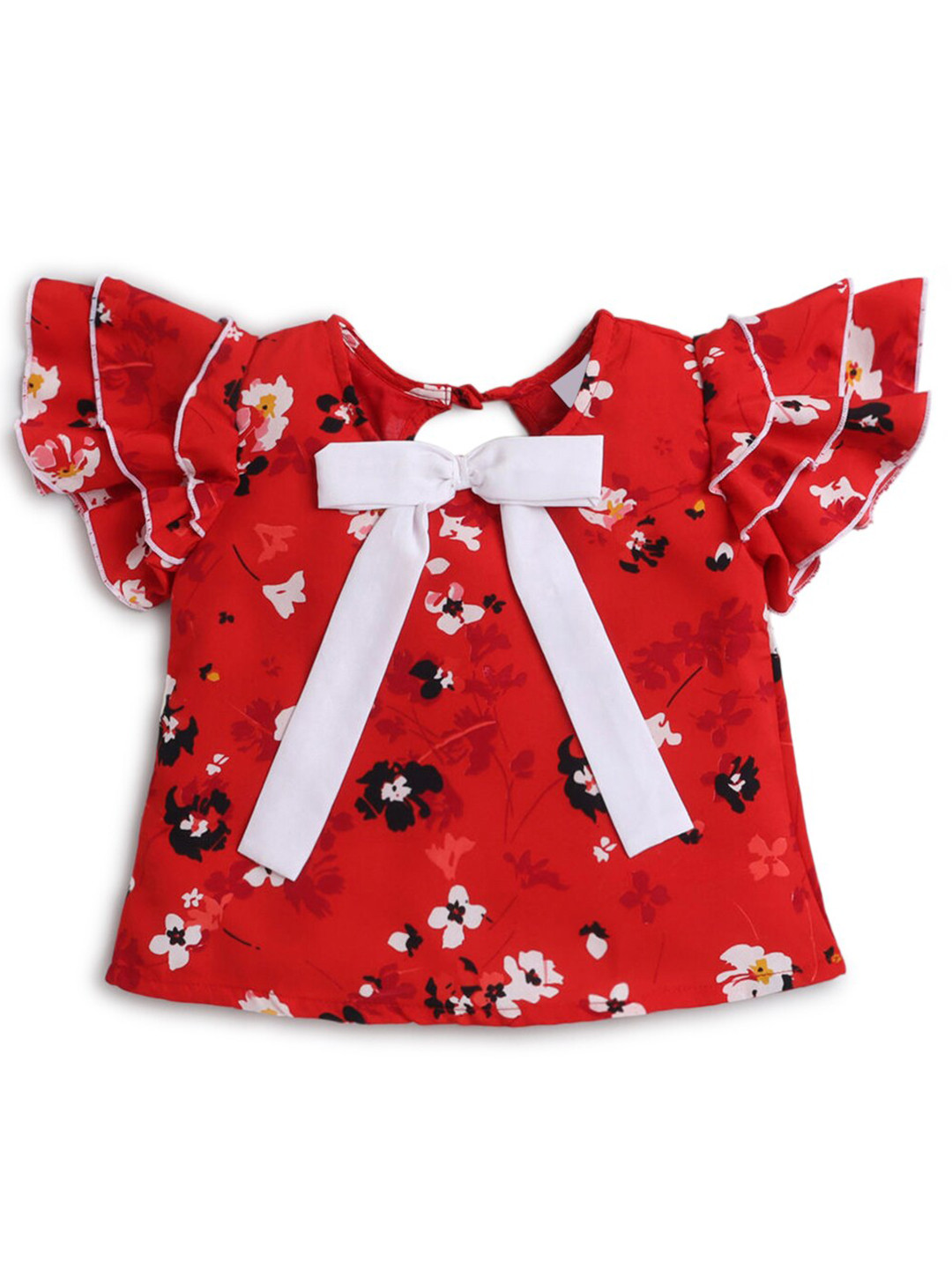 Buy Hopscotch Red & White Floral Print Pure Cotton Top - Tops for Girls ...