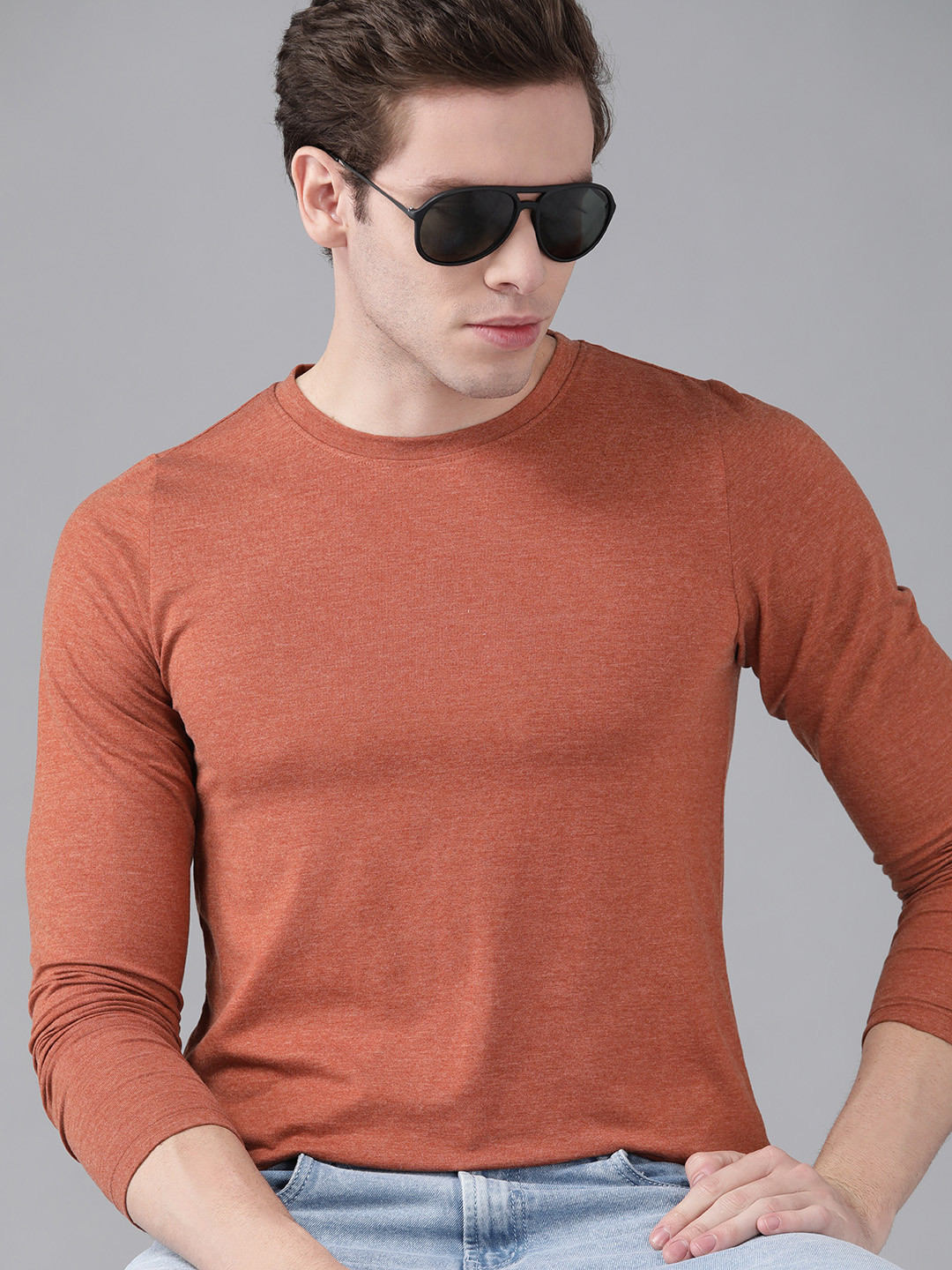 Buy Roadster Men Rust Orange Solid Round Neck T Shirt - Tshirts for Men ...
