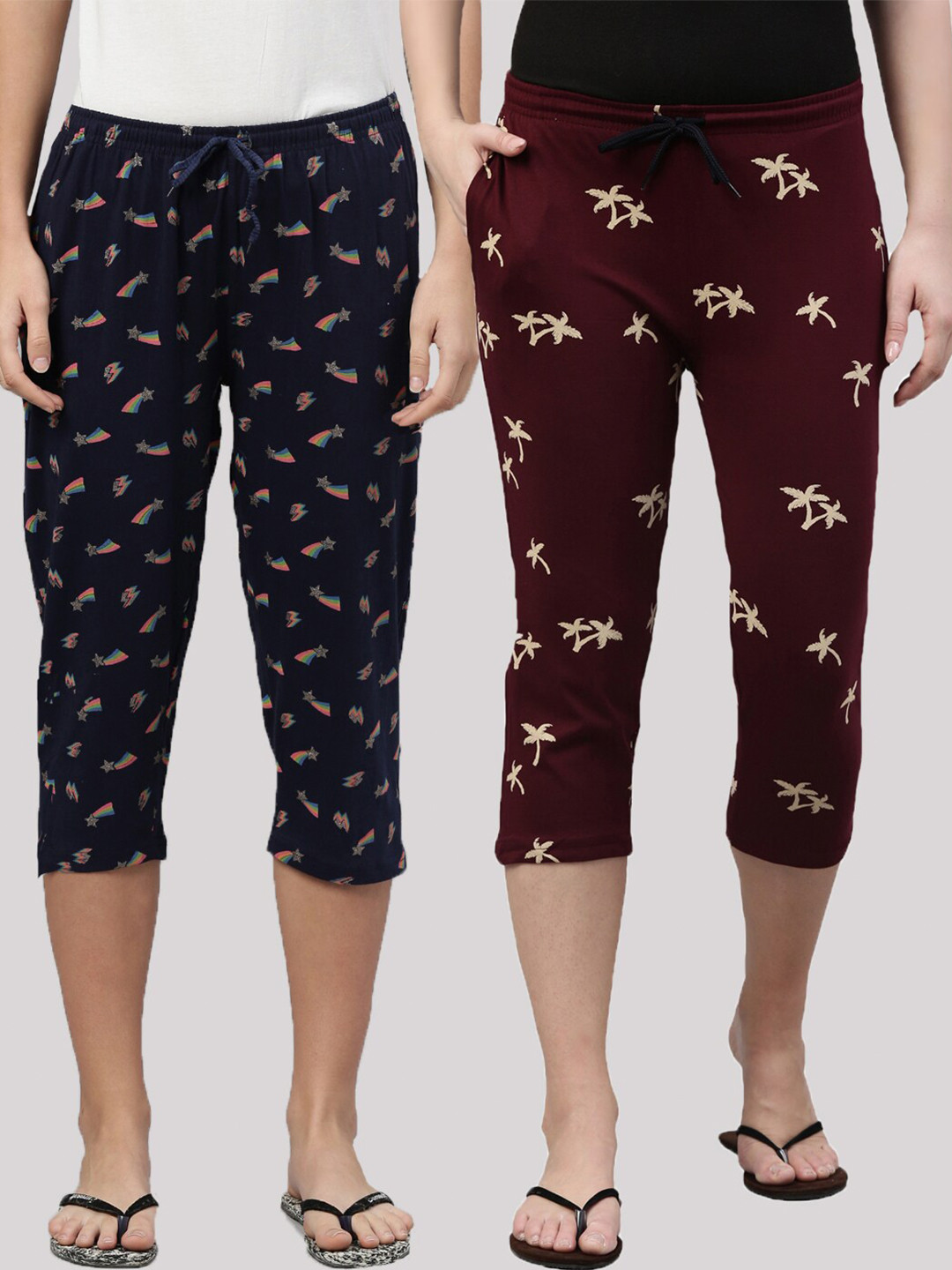 Buy Kryptic Women Navy Blue & Maroon Pack Of 2 Printed Cotton Capris ...