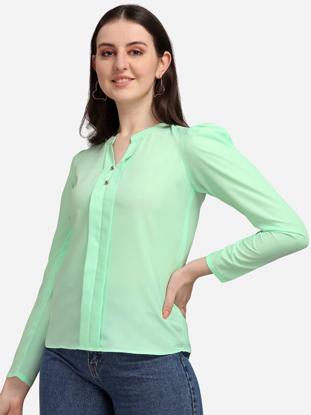 Buy Selvia Sea Green Mandarin Collar Crepe Top Tops For Women