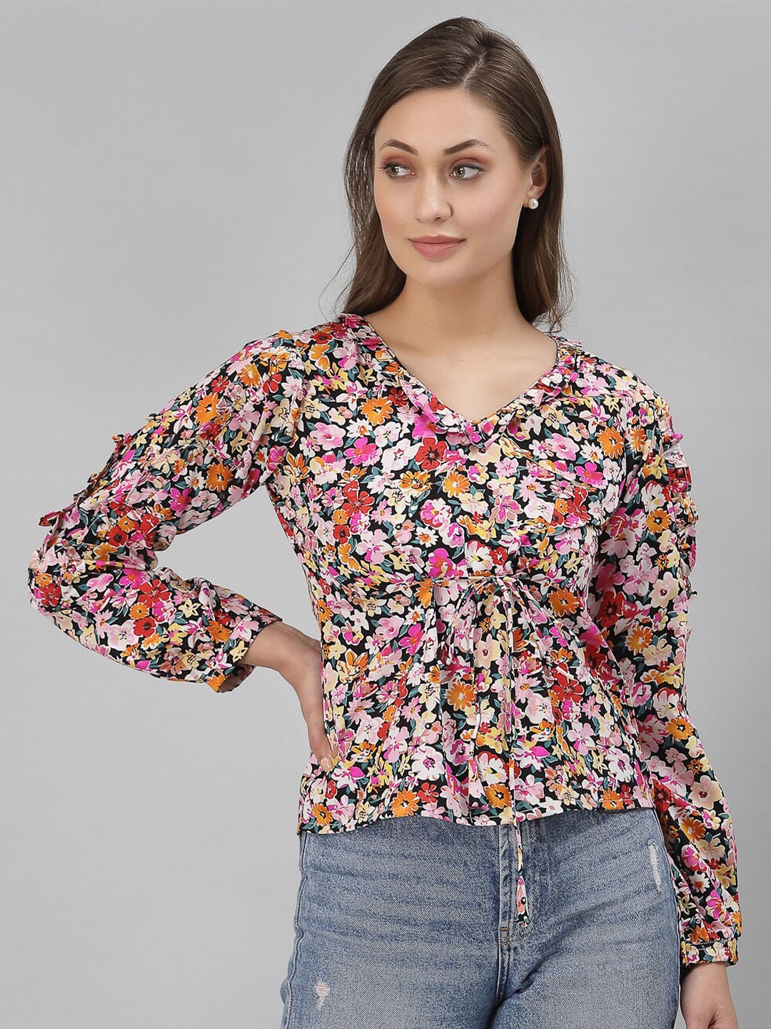 Buy Selvia Multicoloured Floral Printed Crepe Cinched Waist Top Tops