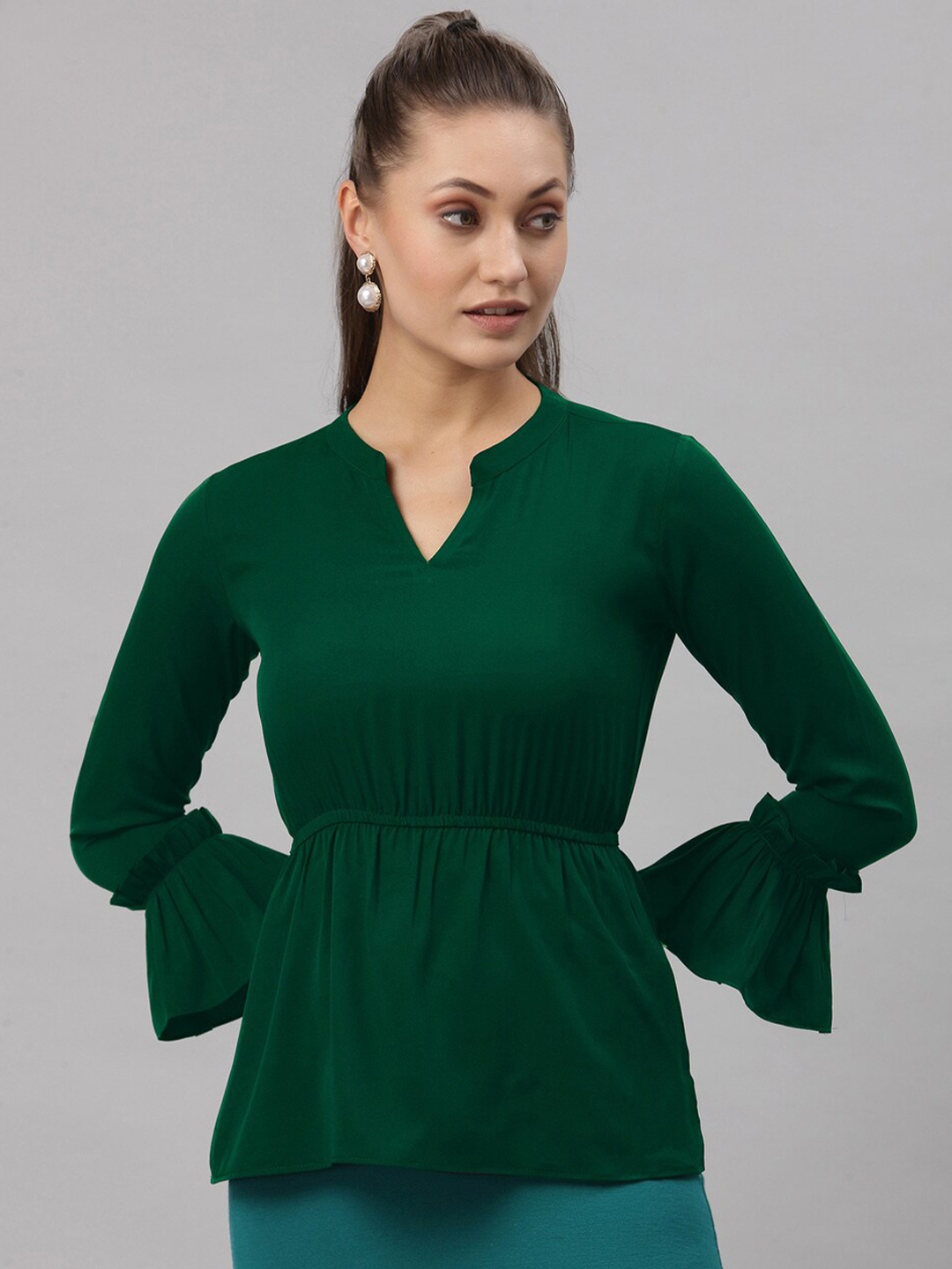 Buy Selvia Green Keyhole Neck Crepe Cinched Waist Top Tops For Women