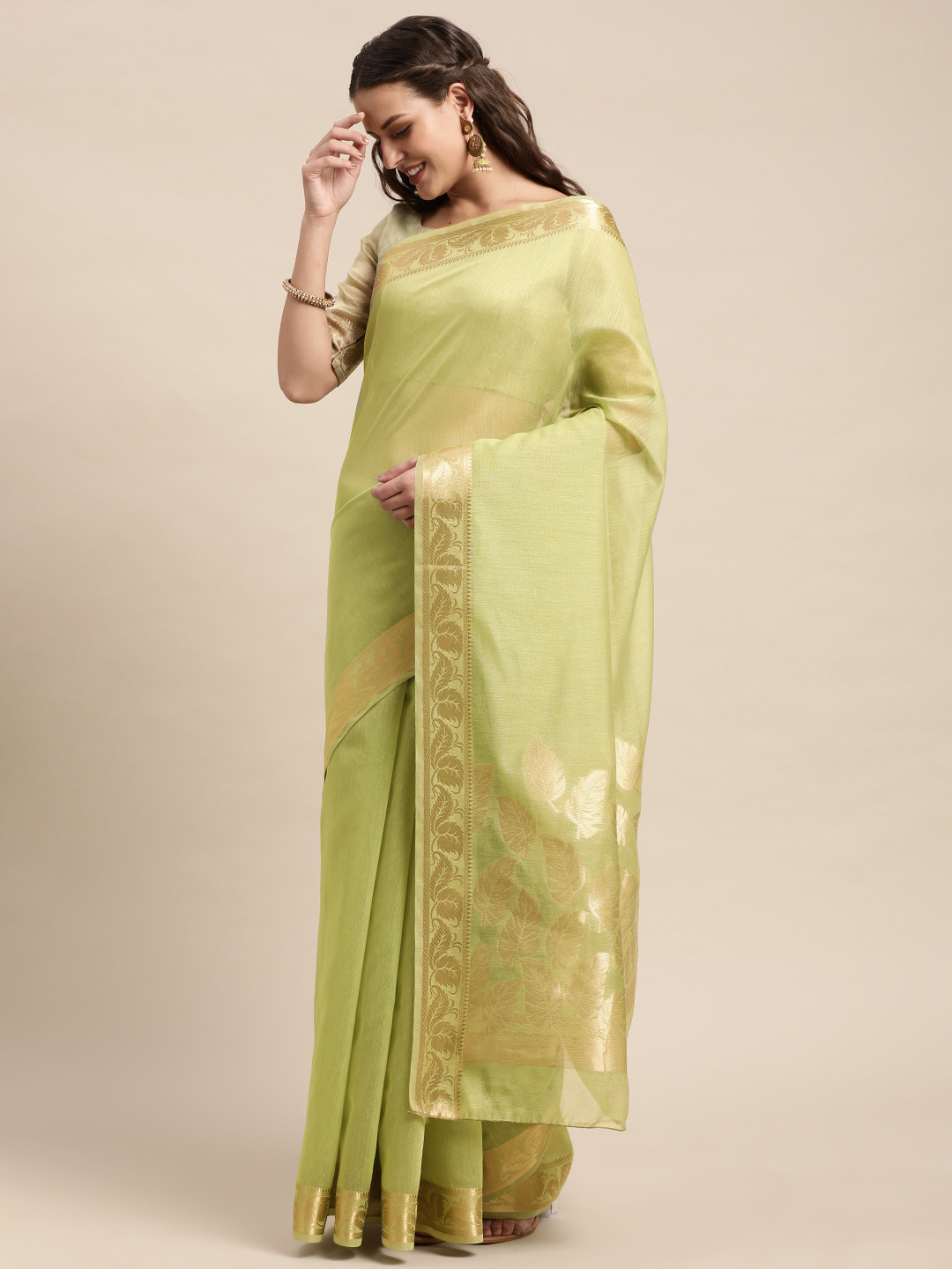 Buy Mitera Olive Green Ethnic Motifs Zari Linen Blend Taant Saree ...