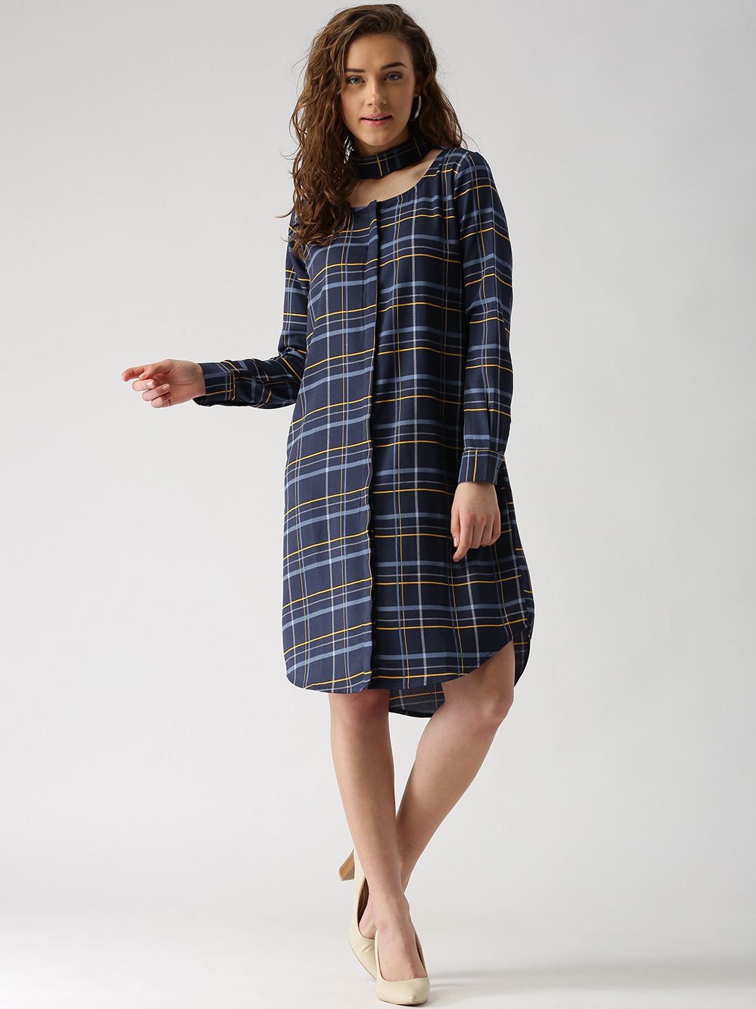 Buy Marie Claire Women Navy Checked Shirt Dress - Dresses for Women ...