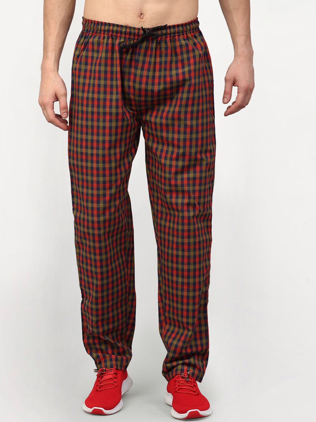 Buy JAINISH Men Orange & Red Checked Pure Cotton Slim Fit Track Pant ...