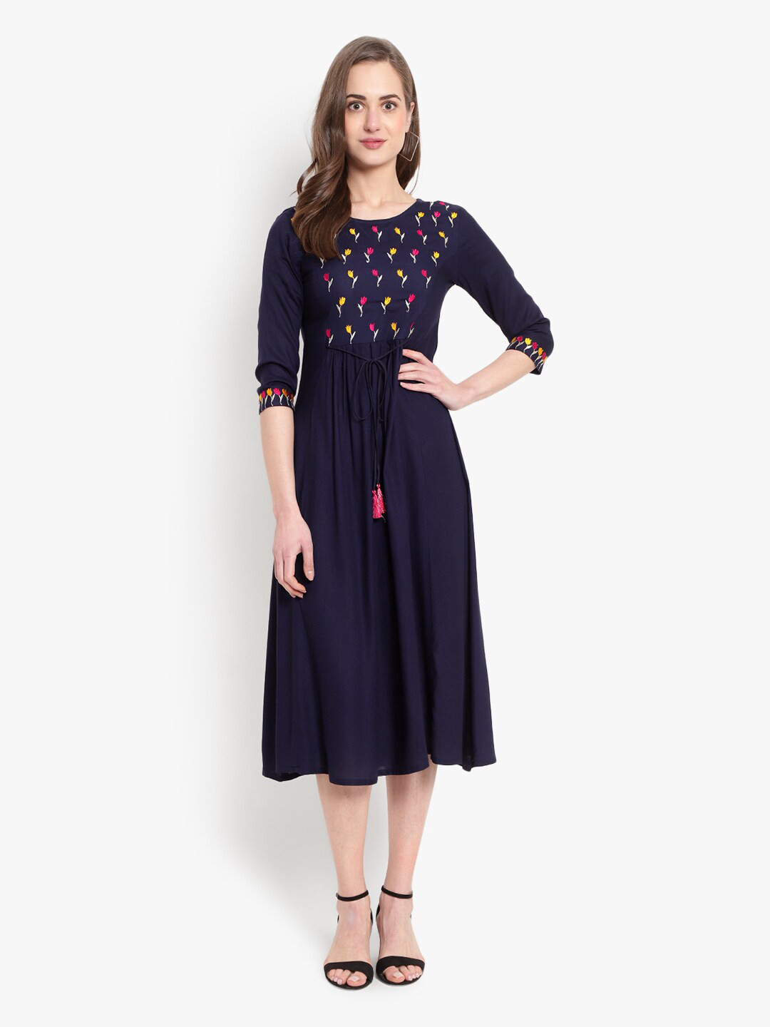 Buy Ashlee Women Navy Blue Floral Embroidered Rayon Midi Dress - Ethnic ...