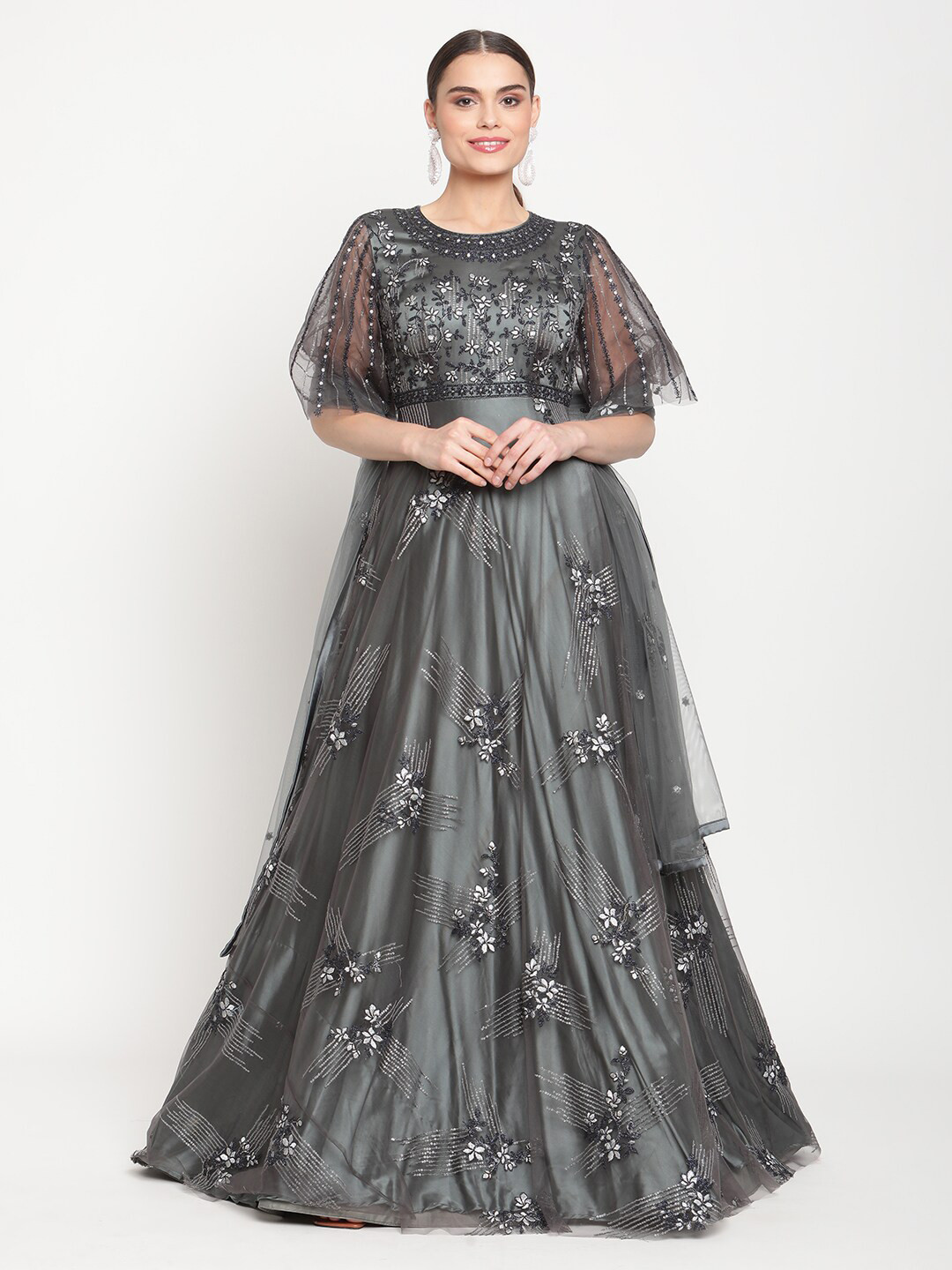 Buy Stylee LIFESTYLE Women Grey & White Embellished Semi Stitched Dress ...