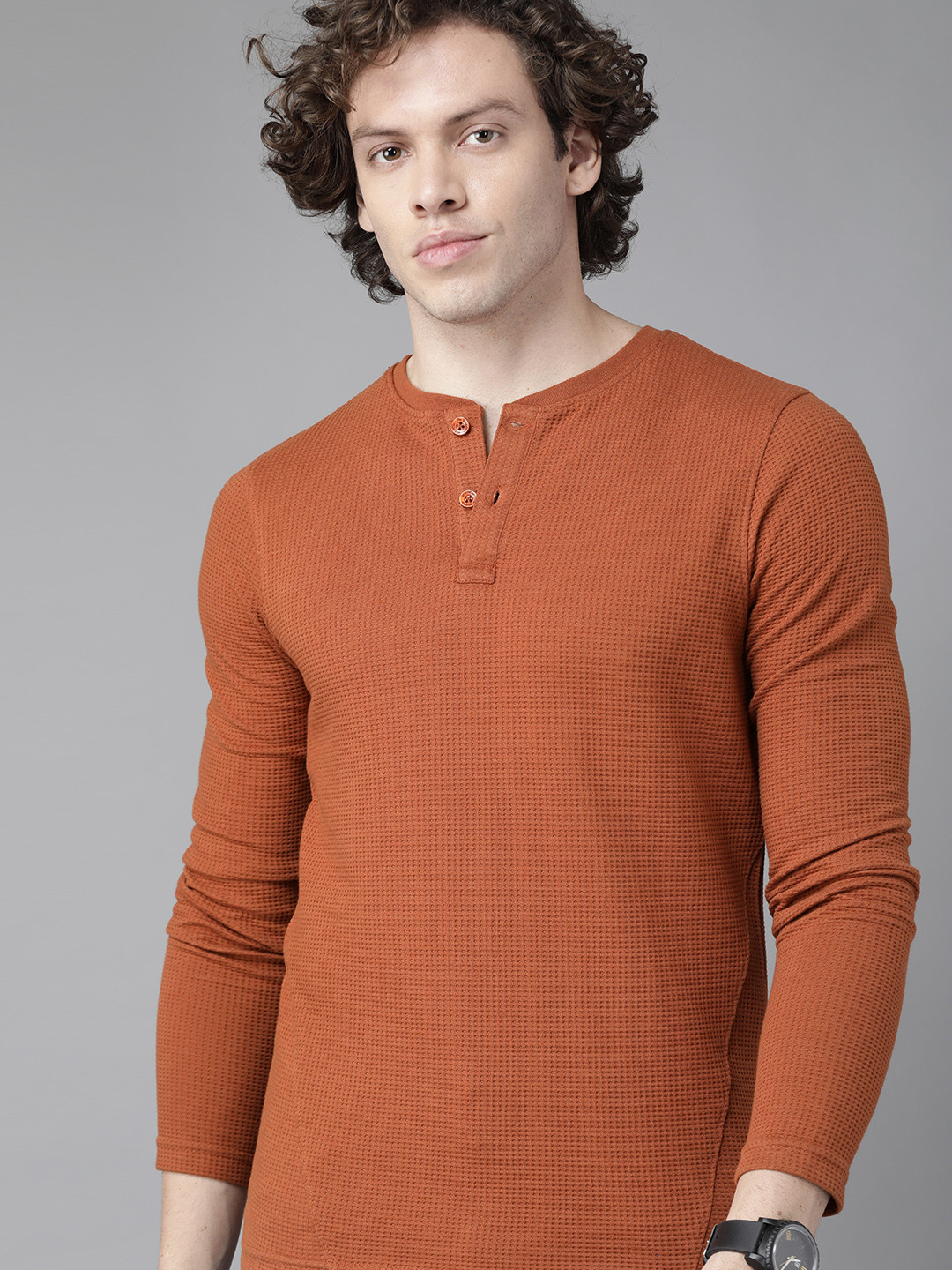 Buy Roadster Men Rust Orange Self Design Henley Neck T Shirt - Tshirts ...