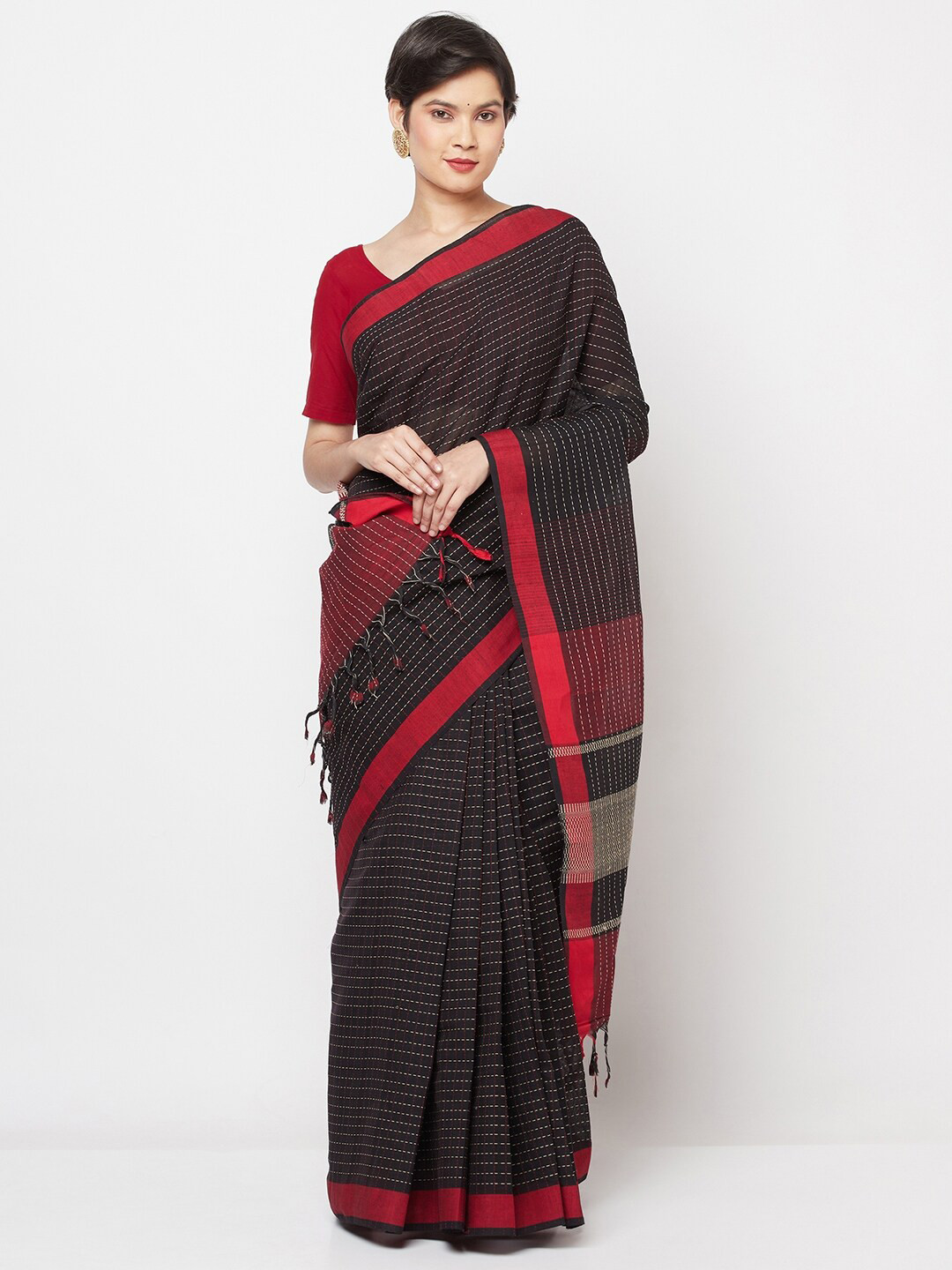 Buy Fabindia Black & Red Checked Woven Design Pure Cotton Saree ...