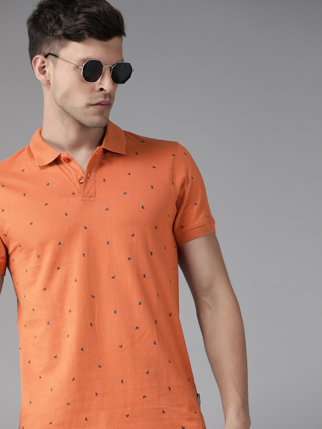 Buy Roadster Men Rust Orange Printed Polo Collar Pure Cotton T Shirt ...