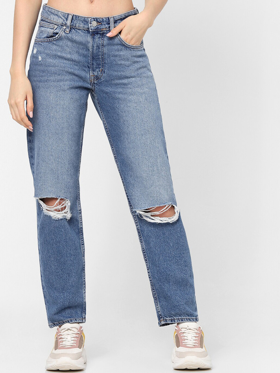 Buy ONLY Women Blue High Rise Highly Distressed Light Fade Cotton Jeans ...