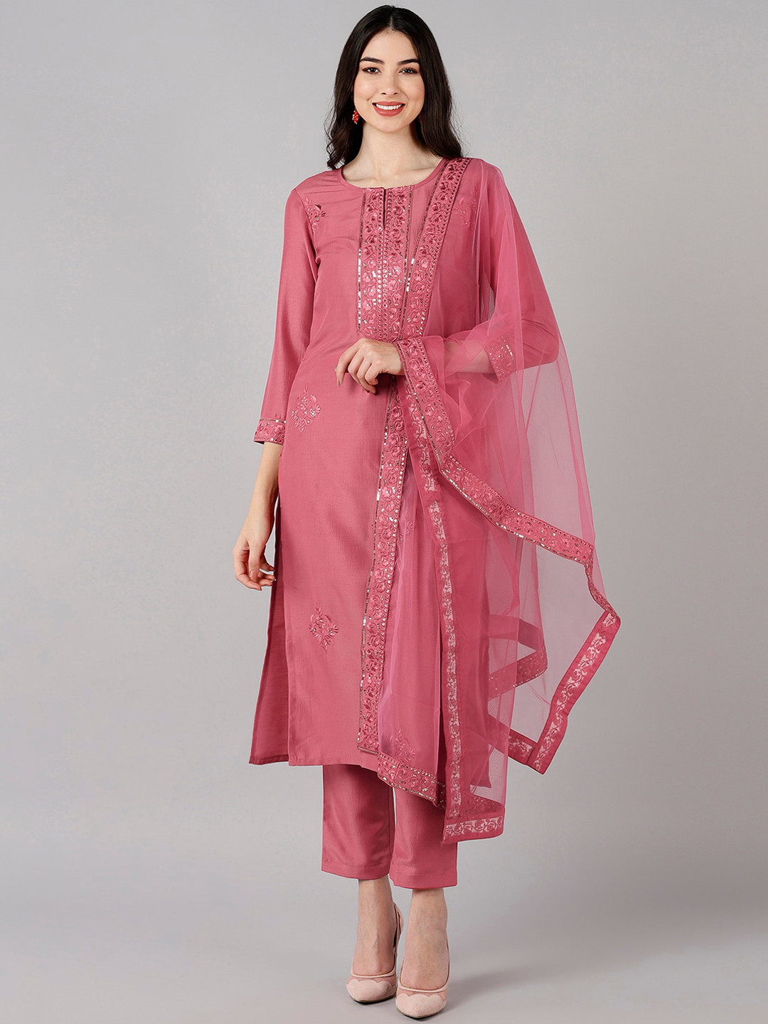Buy AHIKA Women Rose Yoke Embroidered Kurta With Trousers & Dupatta ...