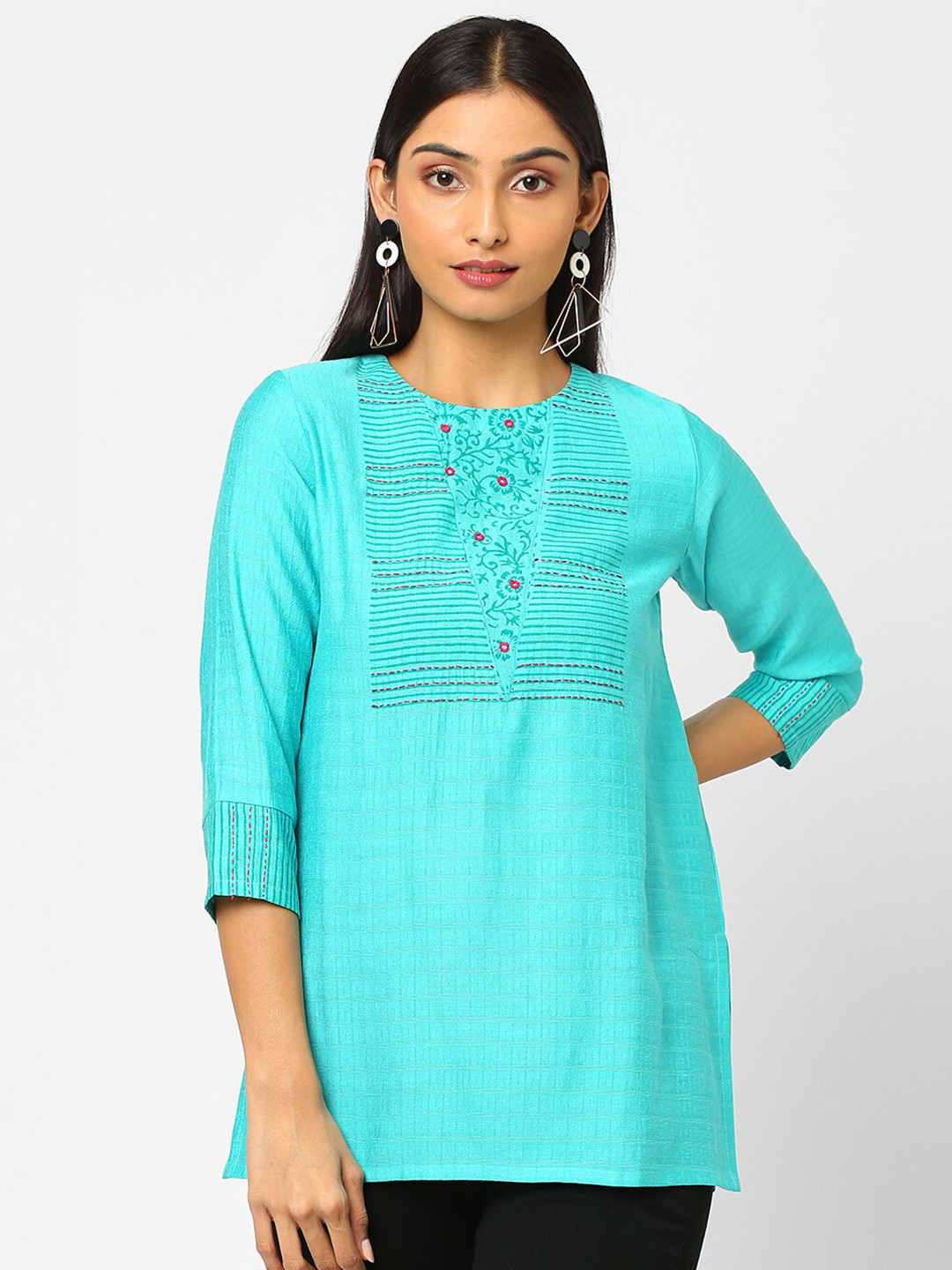 Buy KAMI KUBI Women Turquoise Blue Printed Cotton Top - Tops for Women ...