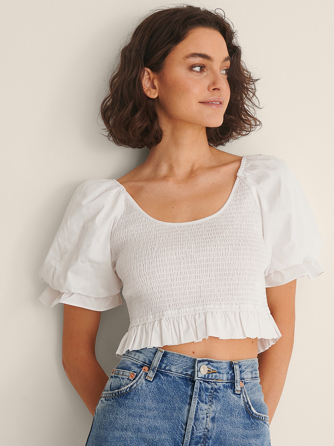 Buy Na Kd White Smocked Crop Top With Frilled Hem Tops For Women