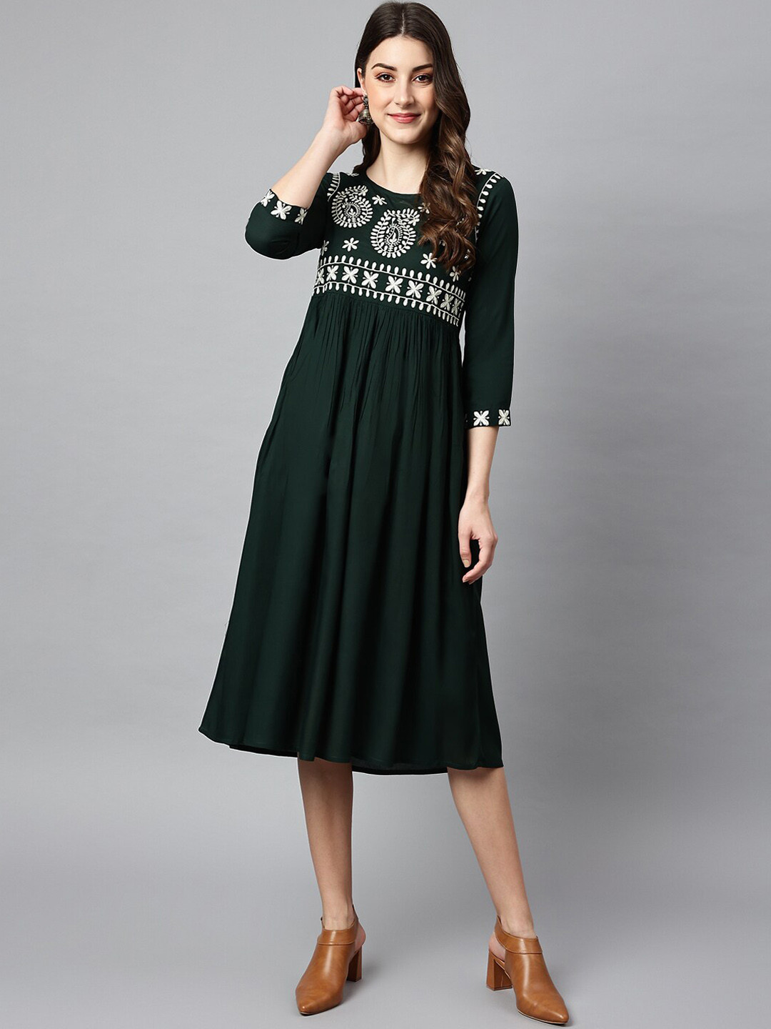 Buy SHINOY Women Green Thread Work Dress - Ethnic Dresses for Women ...