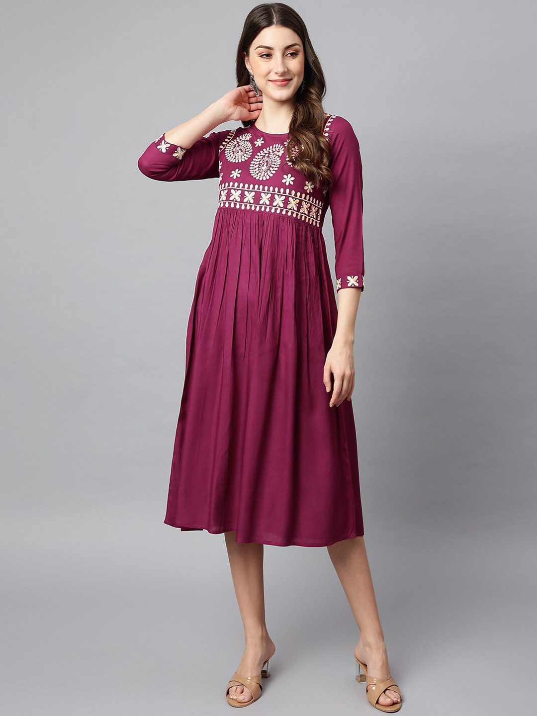 Buy SHINOY Women Purple Ethnic Motifs Thread Work Dress - Ethnic ...