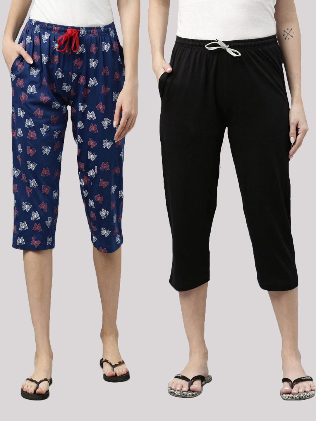 Buy Kryptic Women Navy Blue & Black Set Of 2 Printed Pure Cotton Capris ...
