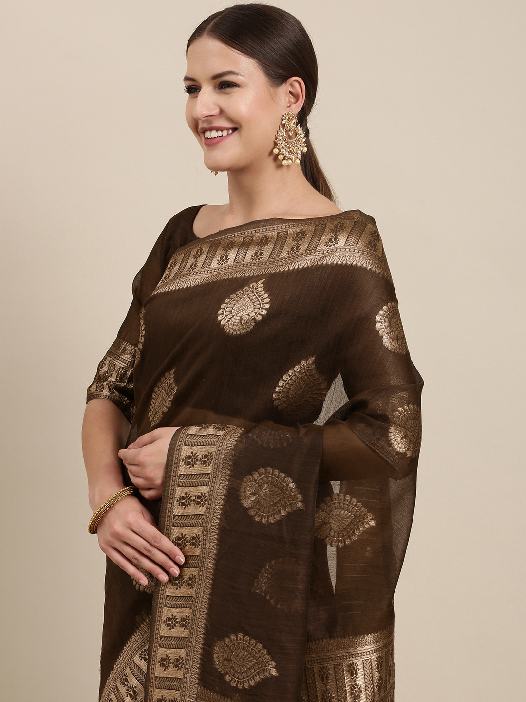 Buy Saree Mall Brown & Golden Ethnic Design Linen Blend Banarasi Sarees ...