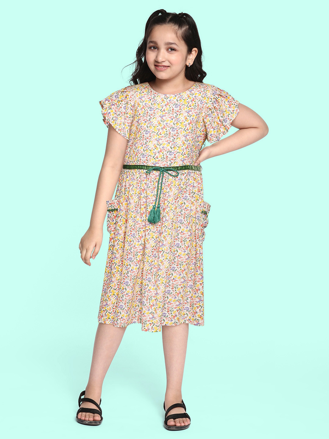 Buy Bella Moda Girls Yellow & White Floral Pure Cotton A Line Dress ...