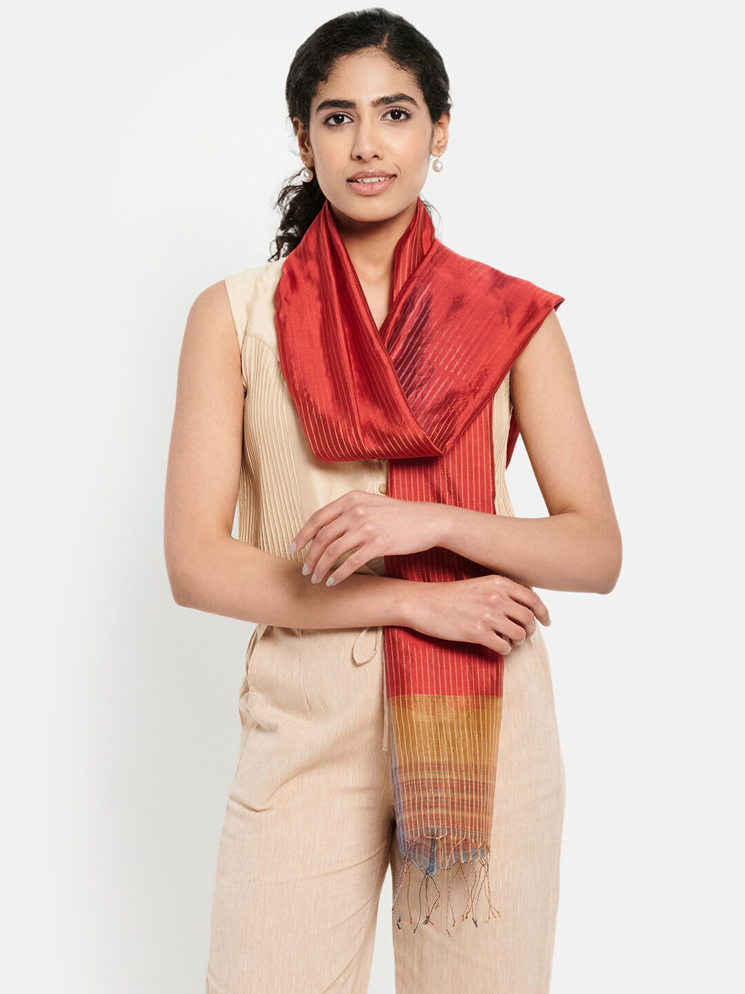 Buy Fabindia Women Red & Gold Toned Woven Design Stole - Stoles for ...
