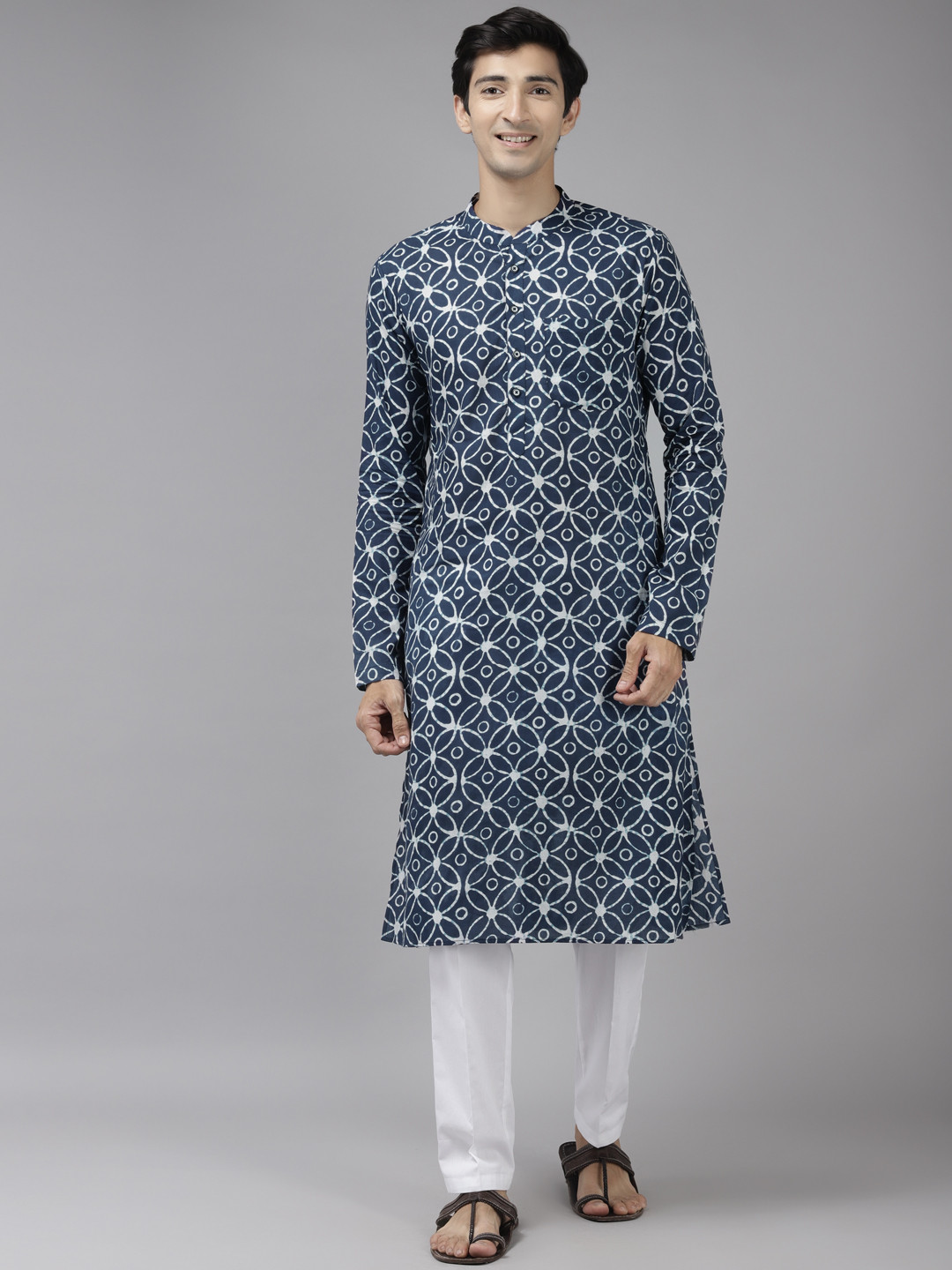 Buy See Designs Men Blue Printed Pure Cotton Indigo Kurta With Trousers ...