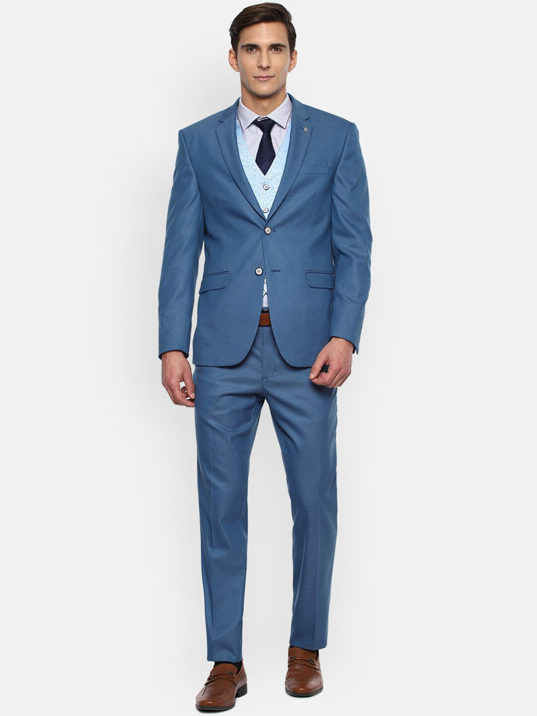 Buy Van Heusen Men Blue Self Design Single Breasted Slim Fit Three ...