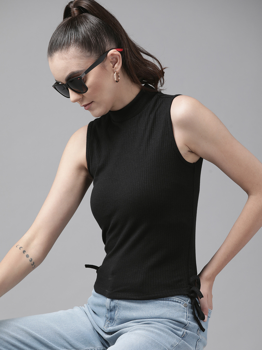 Buy Roadster Black Ribbed Sleeveless Tie Up Ruched Top - Tops for Women ...