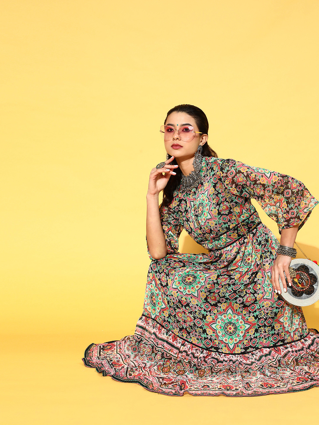 Buy Juniper Women Stylish Black Ethnic Motifs Swirling Volume Dress ...