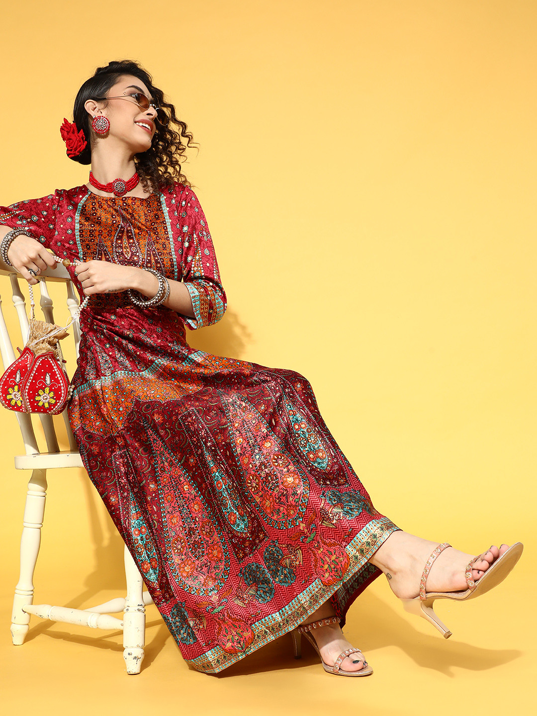 Buy Juniper Women Charming Maroon Ethnic Motifs Swirling Volume Dress ...