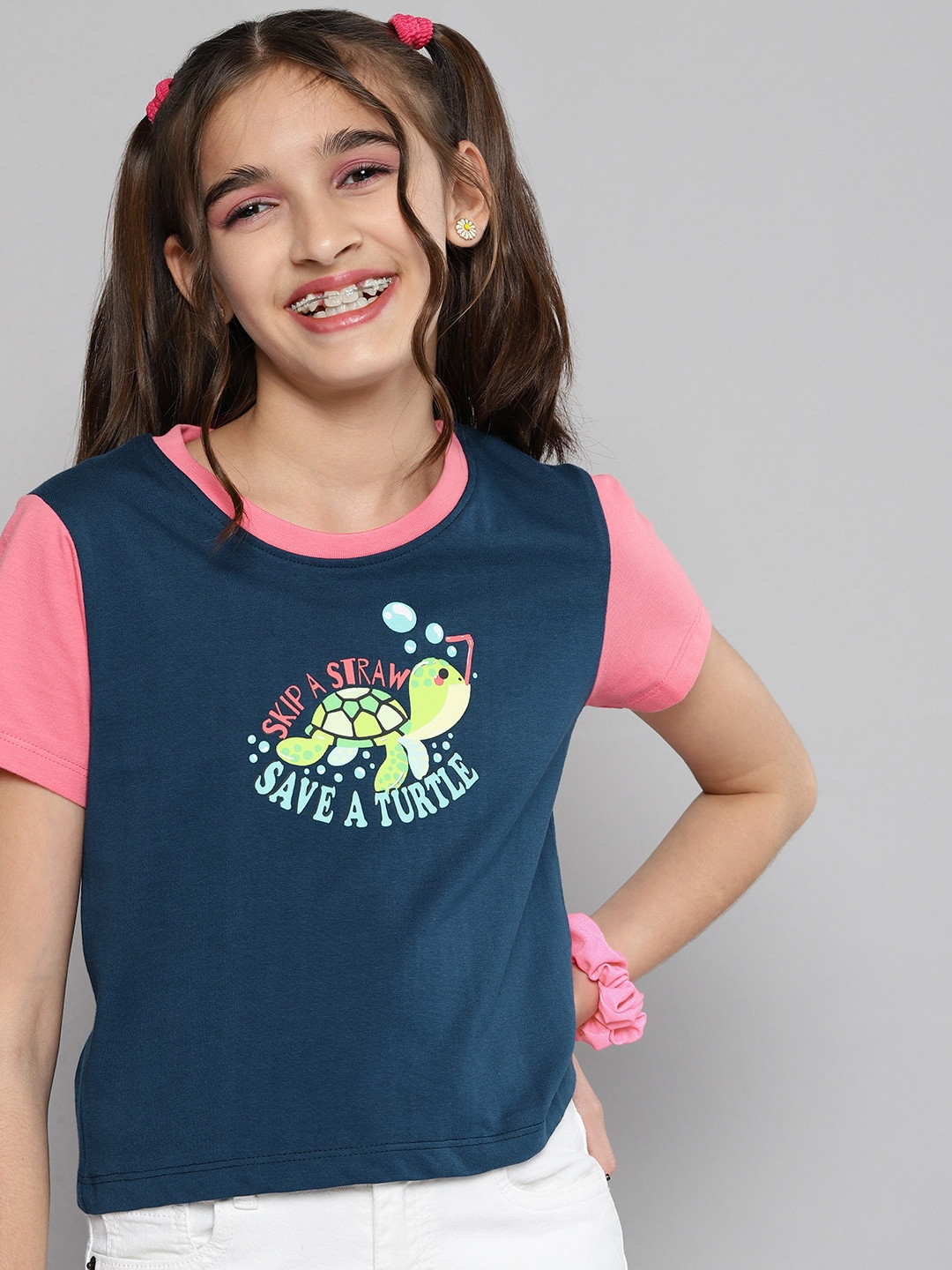 Buy JUSTICE Girls Navy Blue & Pink Colourblocked Pure Cotton T Shirt ...