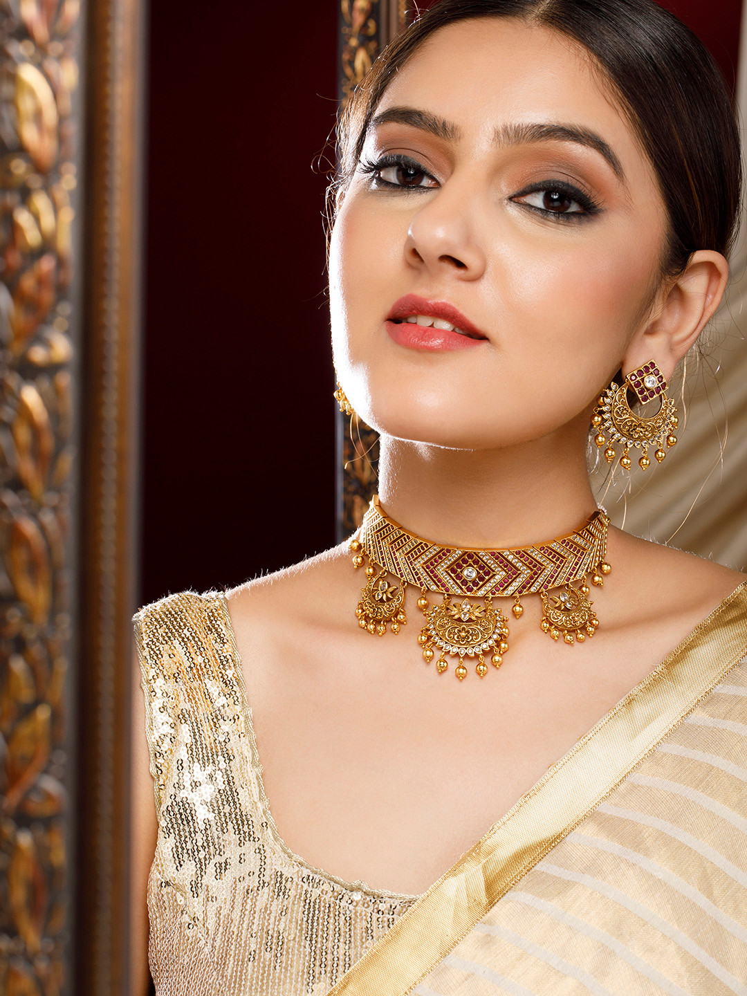 Buy Rubans 22K Gold Plated Ruby & White Kundan Studded Choker Jewellery Set With Golden Beads ...