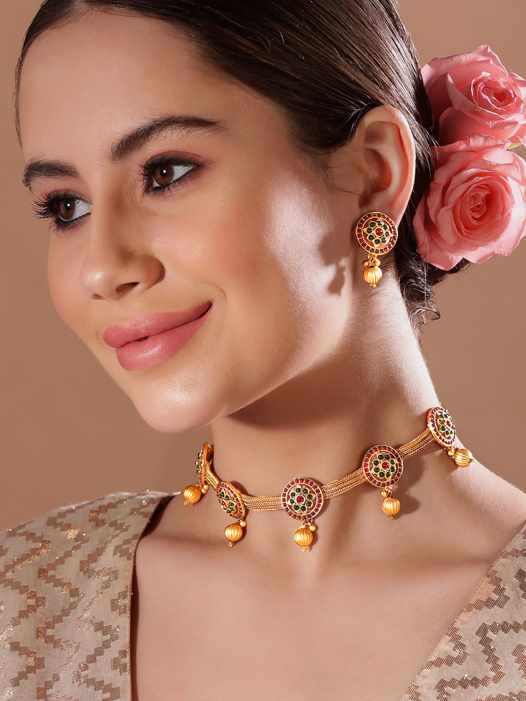 Buy Rubans Gold Plated Red & Green Stone Studded Jewellery Set ...