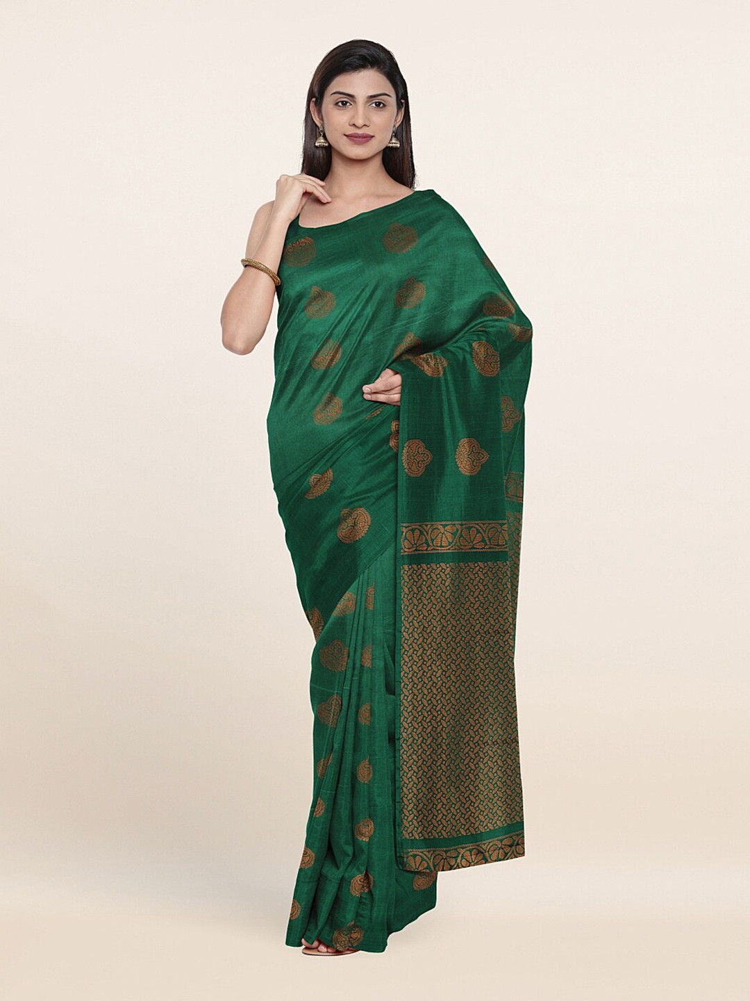 Buy Pothys Green & Gold Toned Woven Design Silk Cotton Saree - Sarees ...