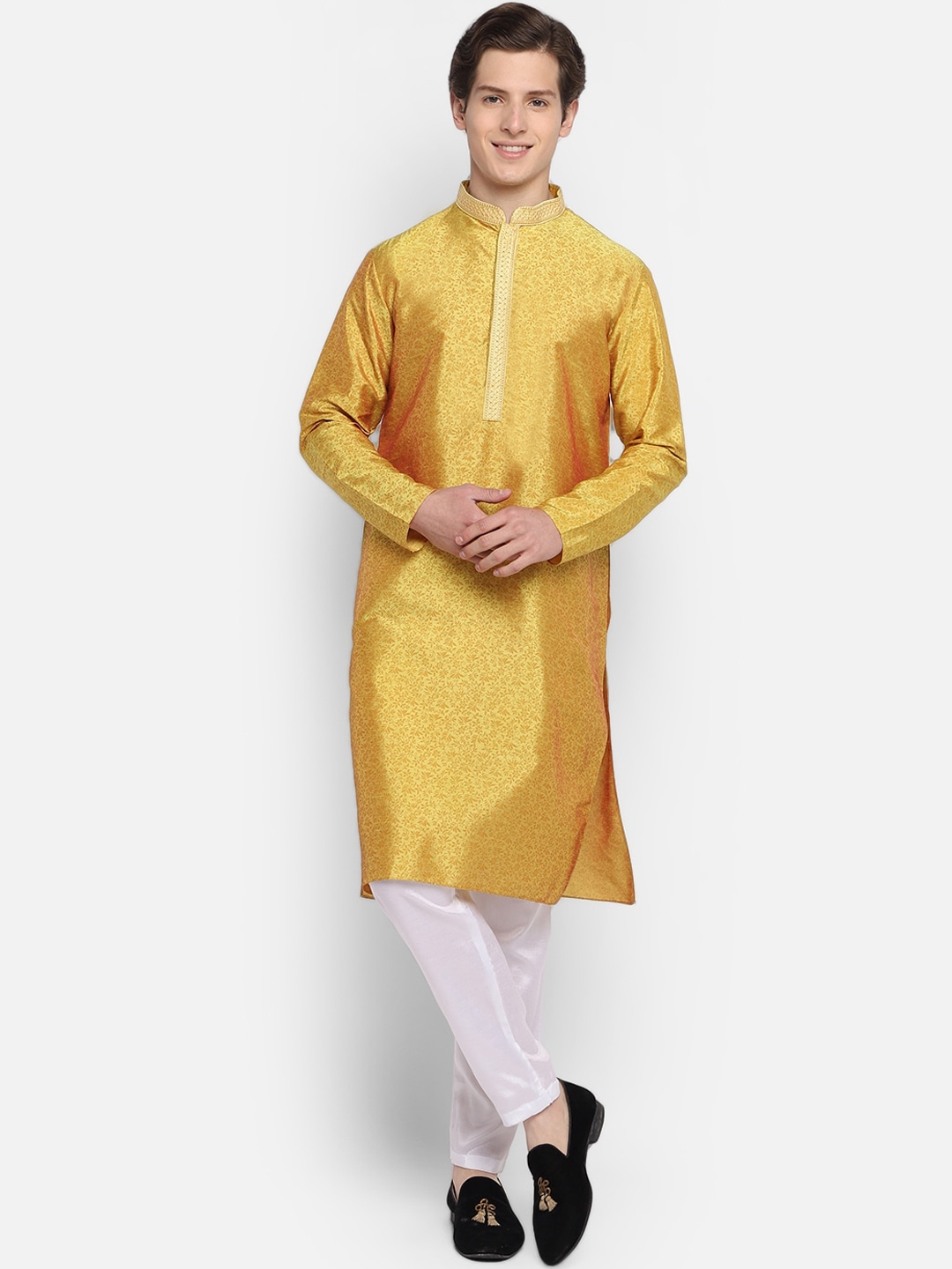 Buy Devoiler Men Yellow And Brown Floral Printed Kurta Kurtas For Men
