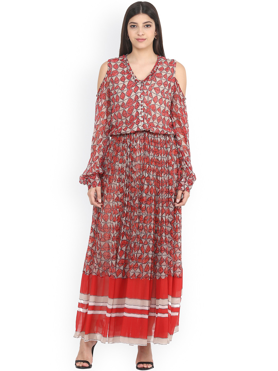 Buy Label Ritu Kumar Women Red & Grey Printed Cold Shoulder Fit And ...