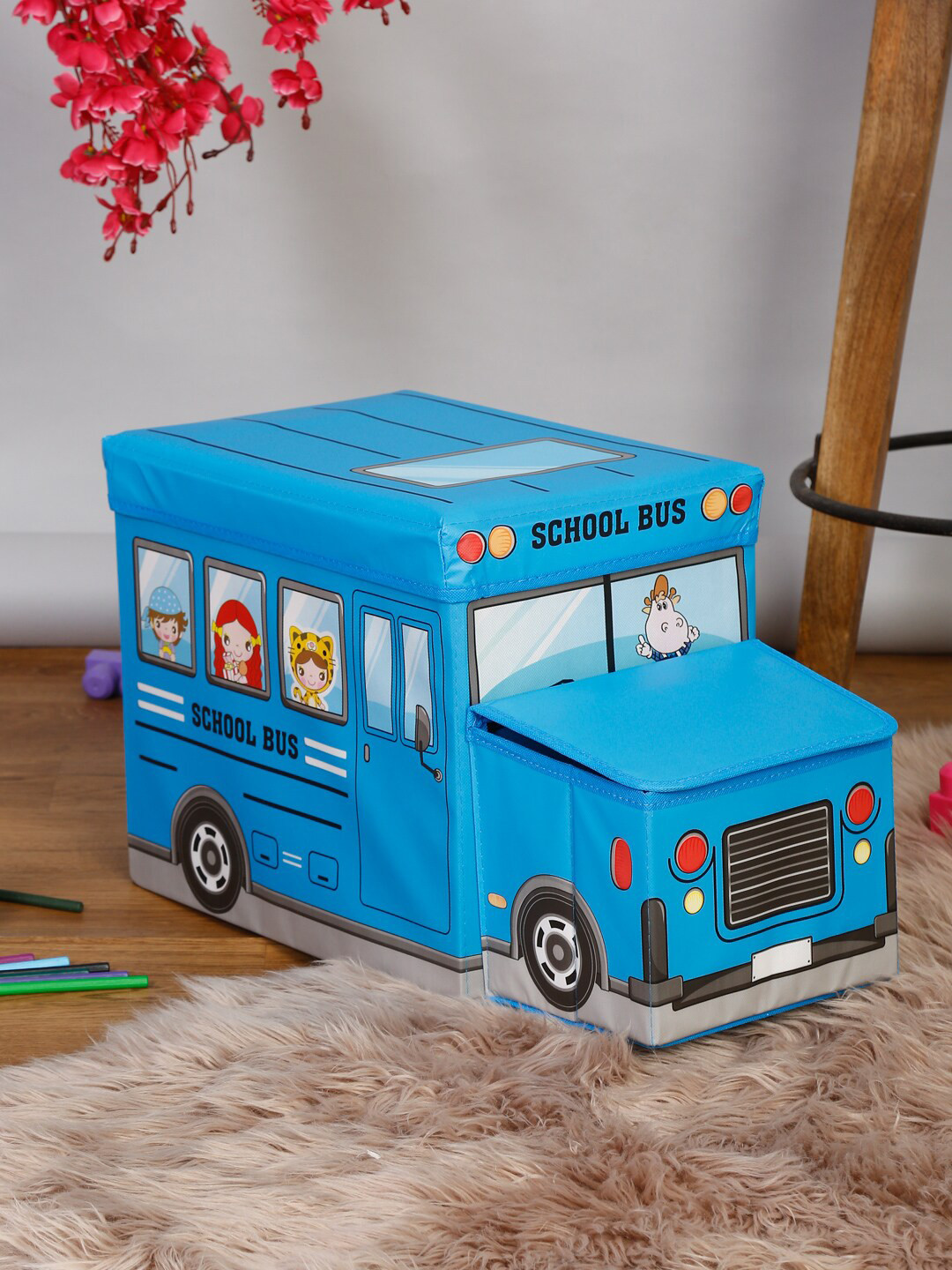 Buy HOSTA HOMES Kids Blue Printed Bus Shaped Stool Cum Storage ...