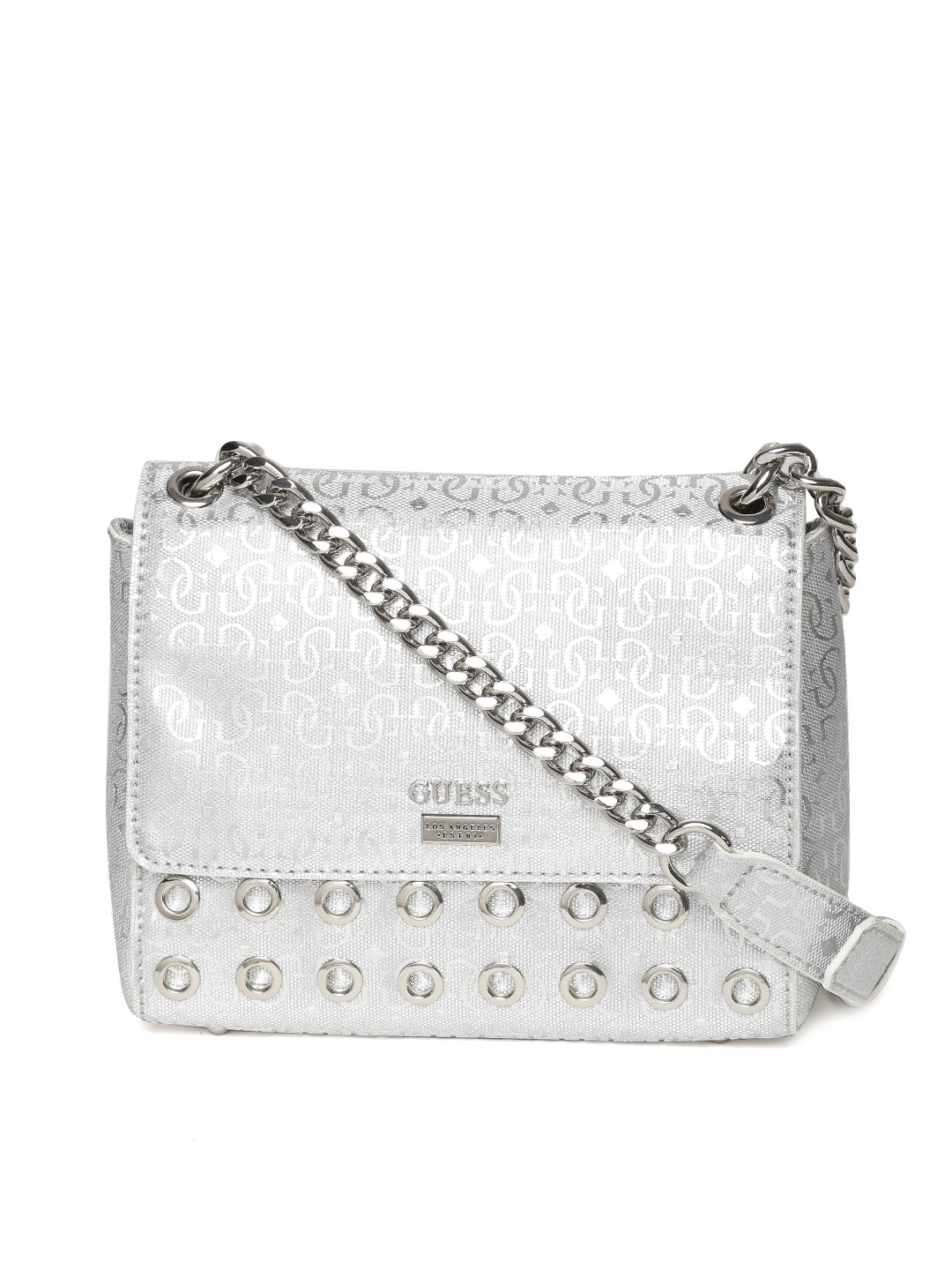 Buy GUESS Silver Toned Logo Textured Sling Bag - Handbags for Women ...