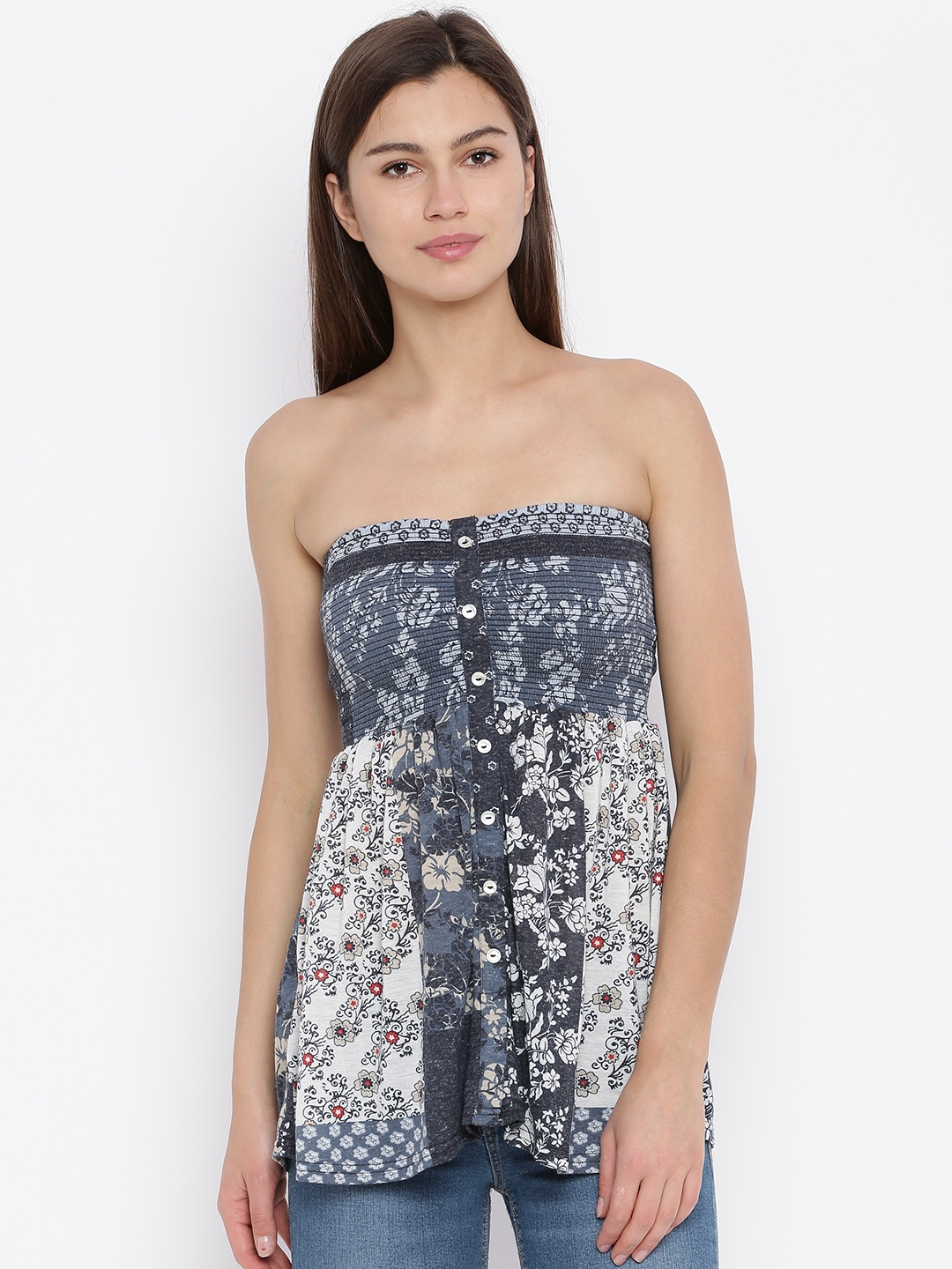 Buy And Women Blue And White Printed Tube Top Tops For Women 1738352 Myntra